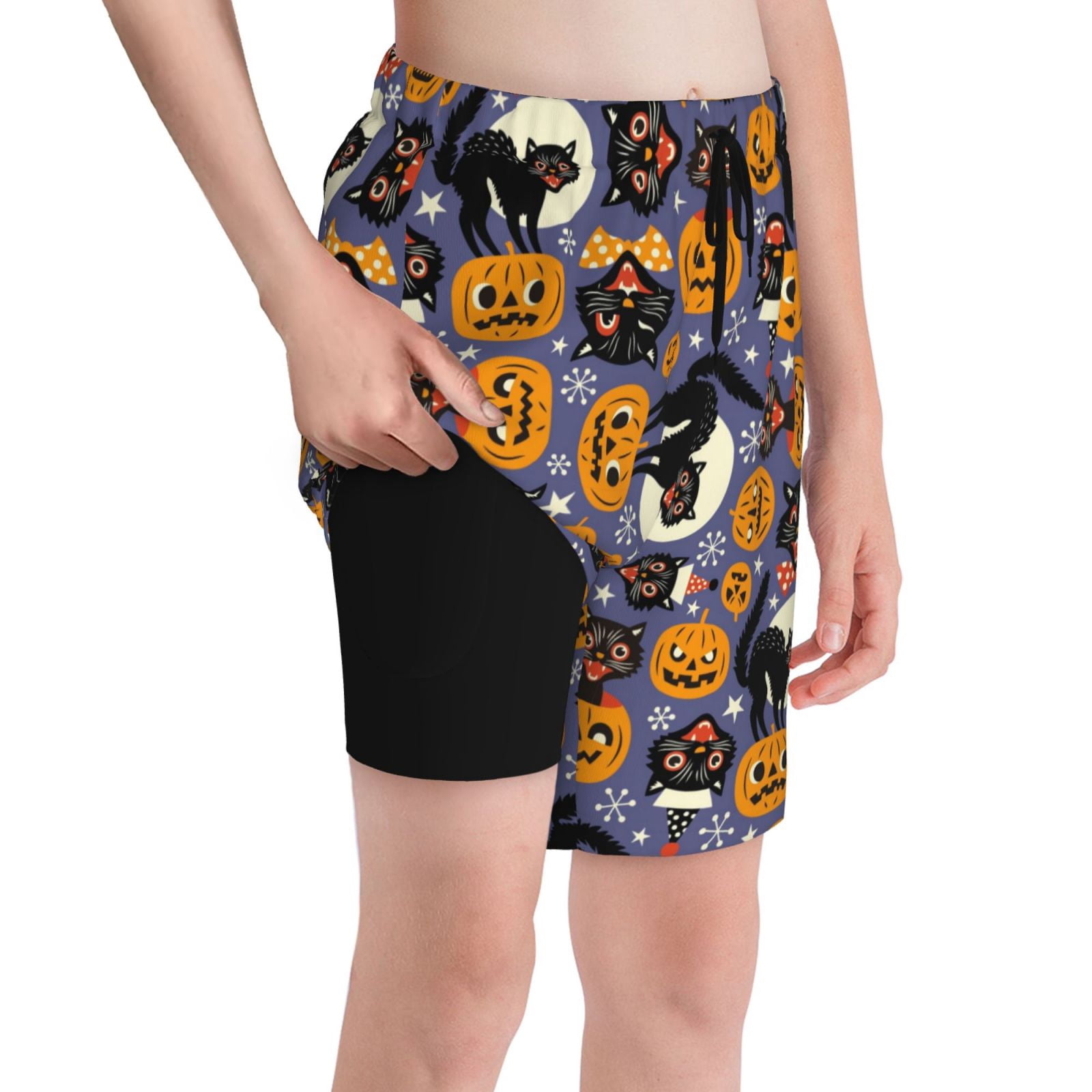 Cauagu Spooky Cats And Halloween Pumpkins Print Swim Trunks for Men ...