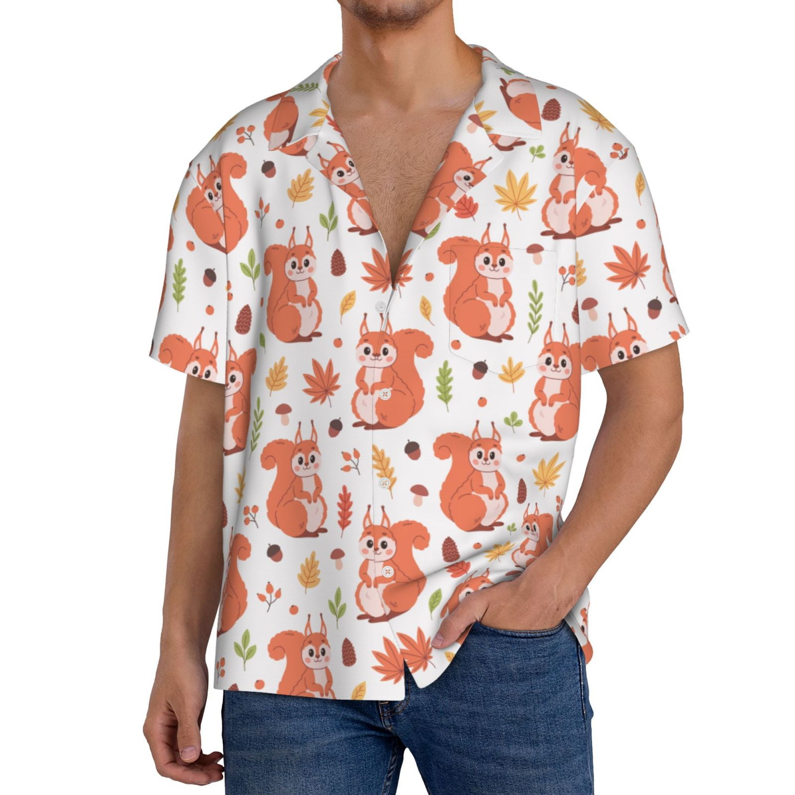 Cauagu Squirrel And Maple Leaf Men's Short Sleeve Button Down Hawaiian Shirt for Men Bowling ...
