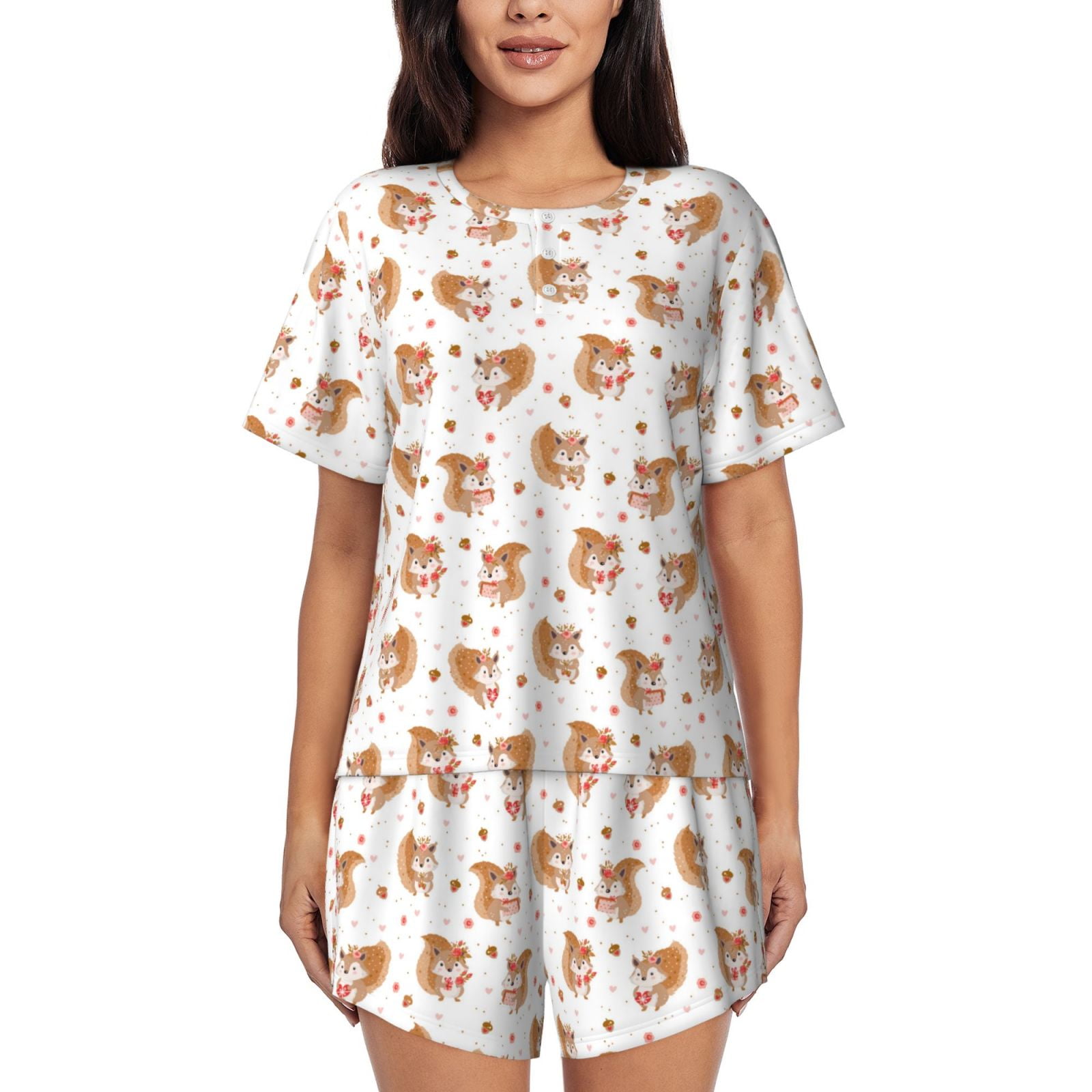 Cauagu Squirrel And Rose for Women's Round Neck Pajama Set,Short-Sleeved Pajamas Soft Sleepwear ...