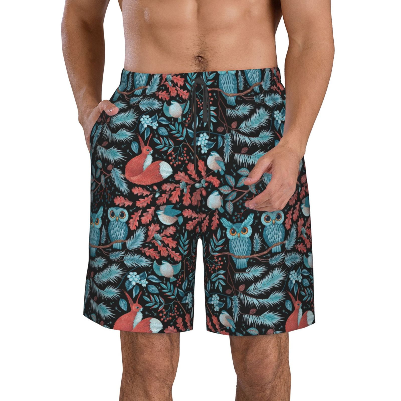 Cauagu Squirrel Owl Autumn Maple Leaves Print Men's Swim Trunks ...