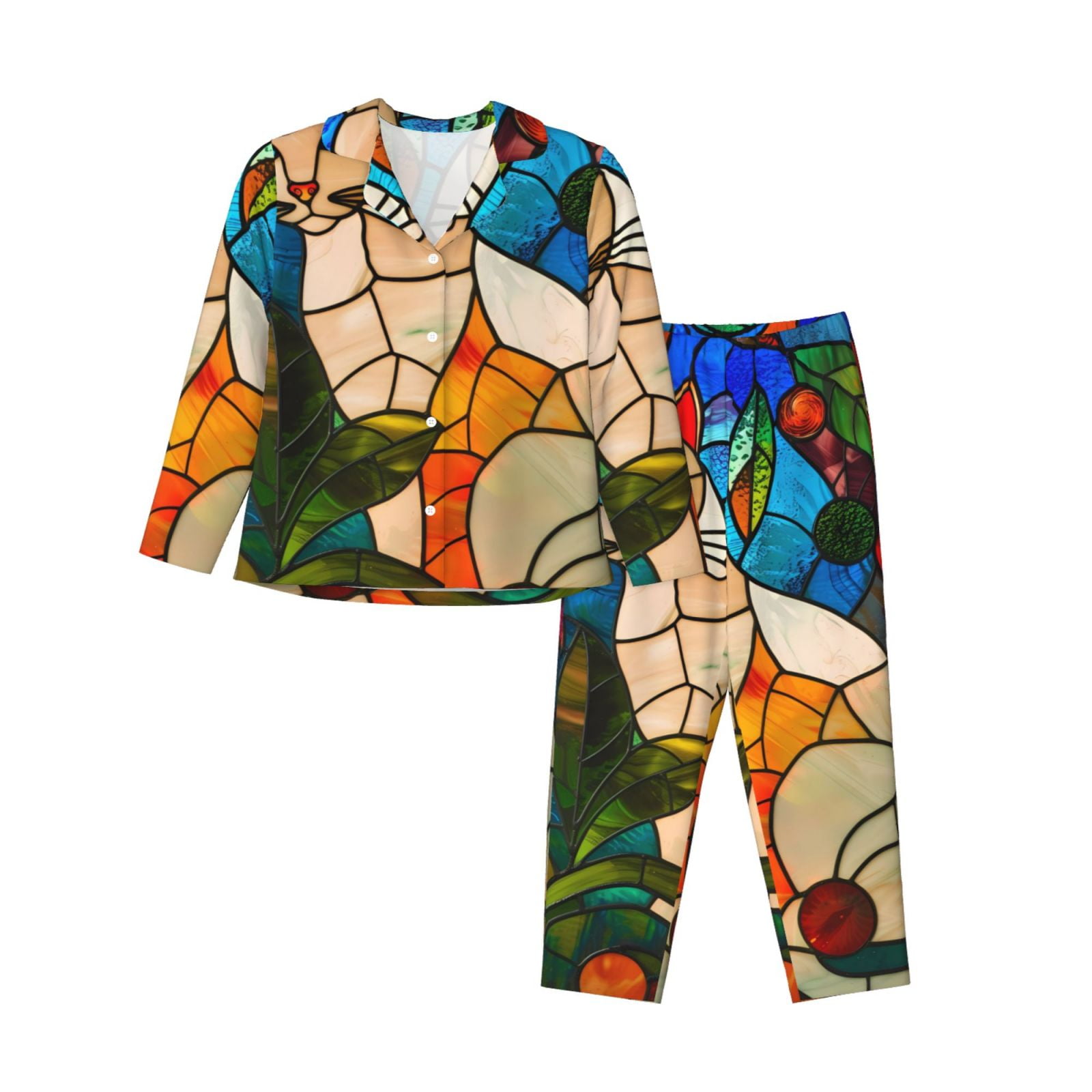 Cauagu Stained Glass Cat Art Print Women's Long-Sleeve Pajamas Set Soft ...