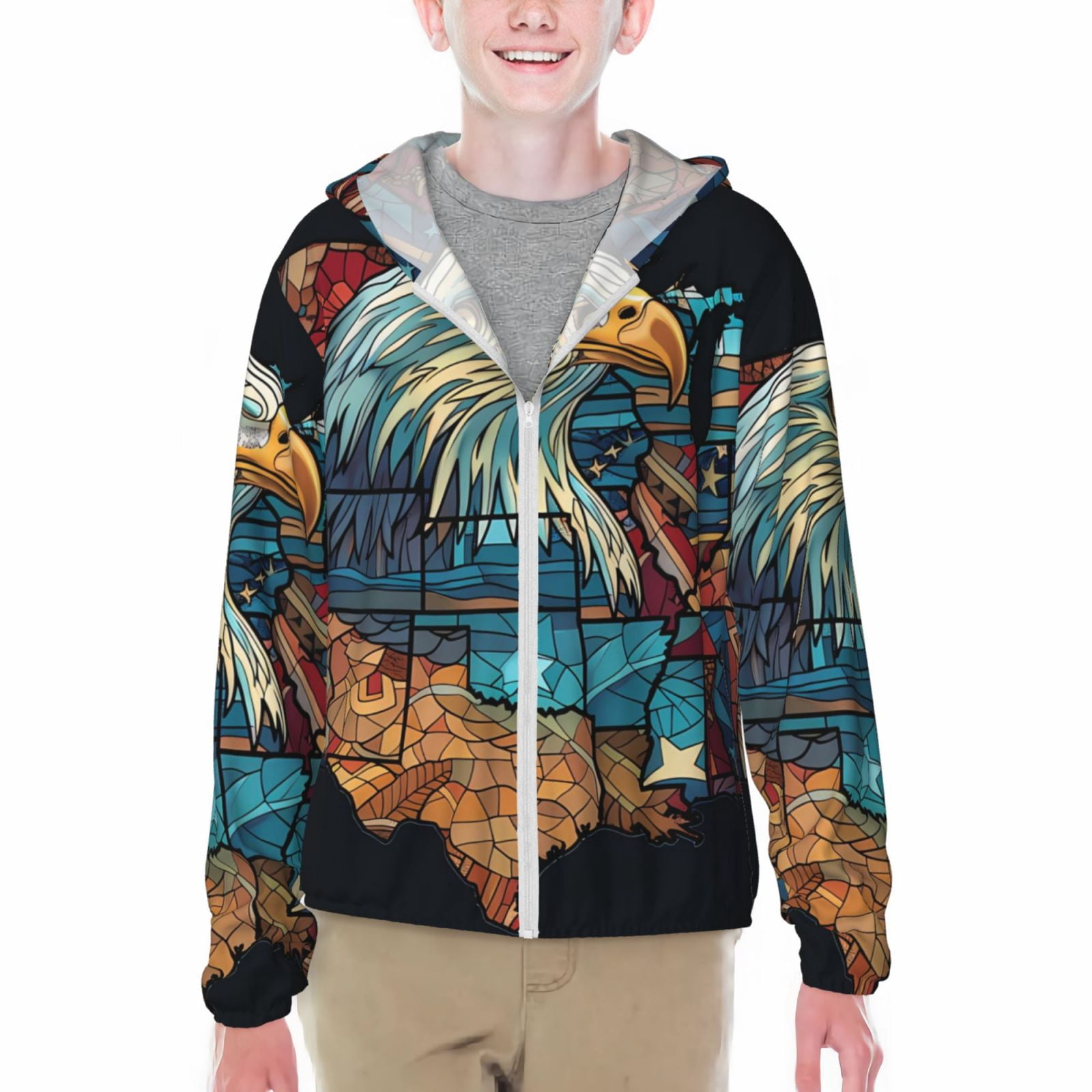 Cauagu Stained Glass Eagle USA Print Sun Protection Jacket for Teen ...