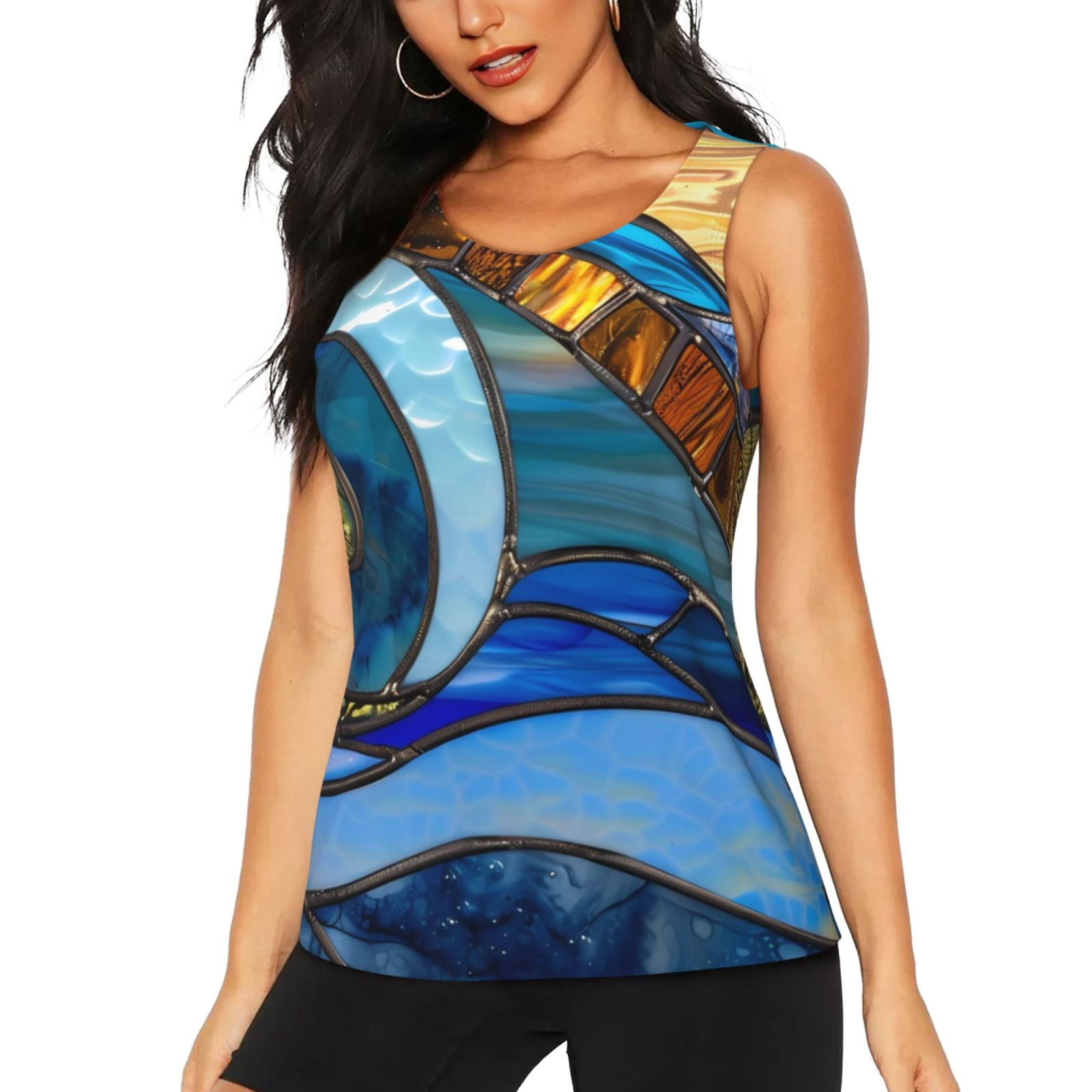 Cauagu Stained Glass Ocean Wave for Women's Workout Tank Tops ...