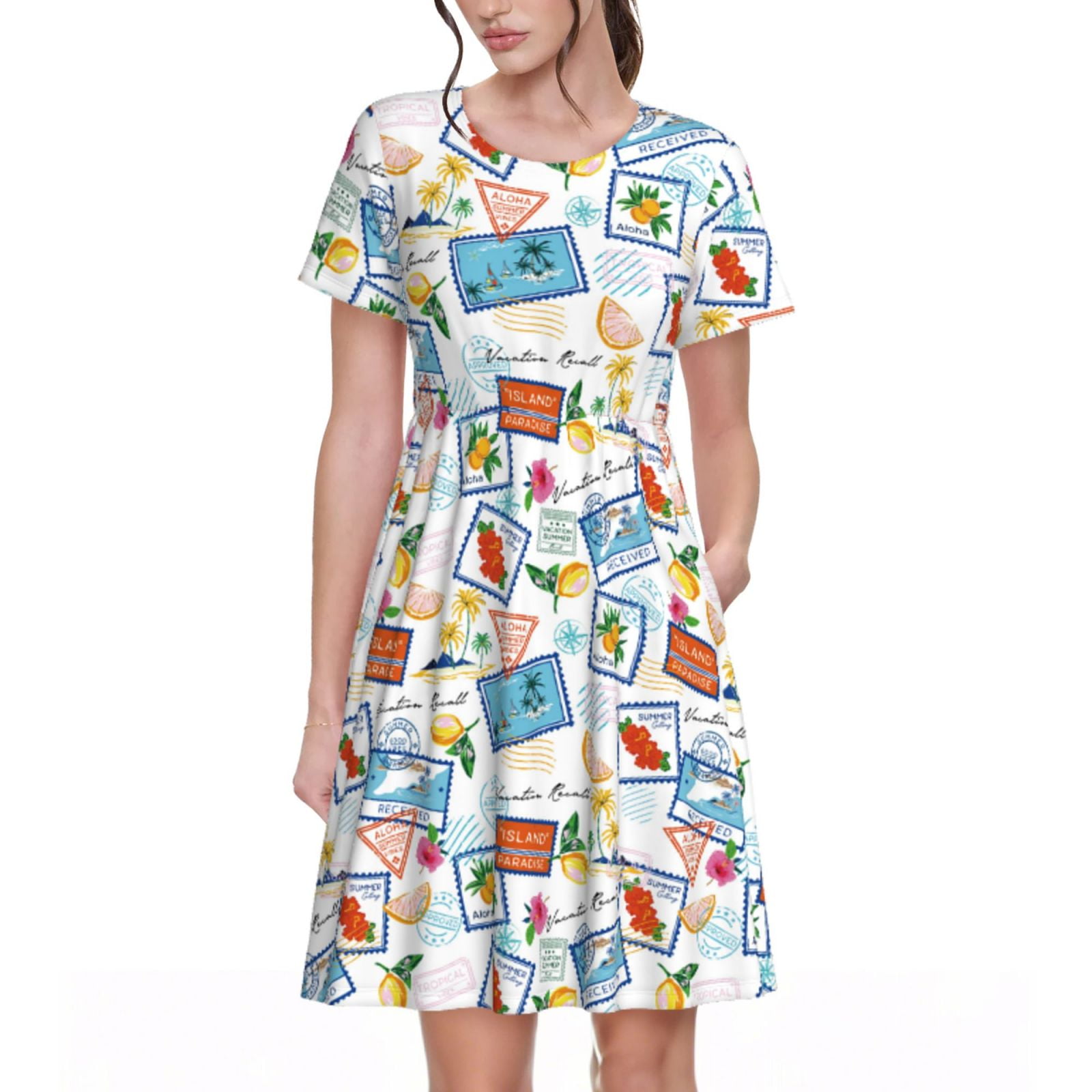 Cauagu Stamp Print Summer Dresses for Women 2025 Loose Short Sleeve ...