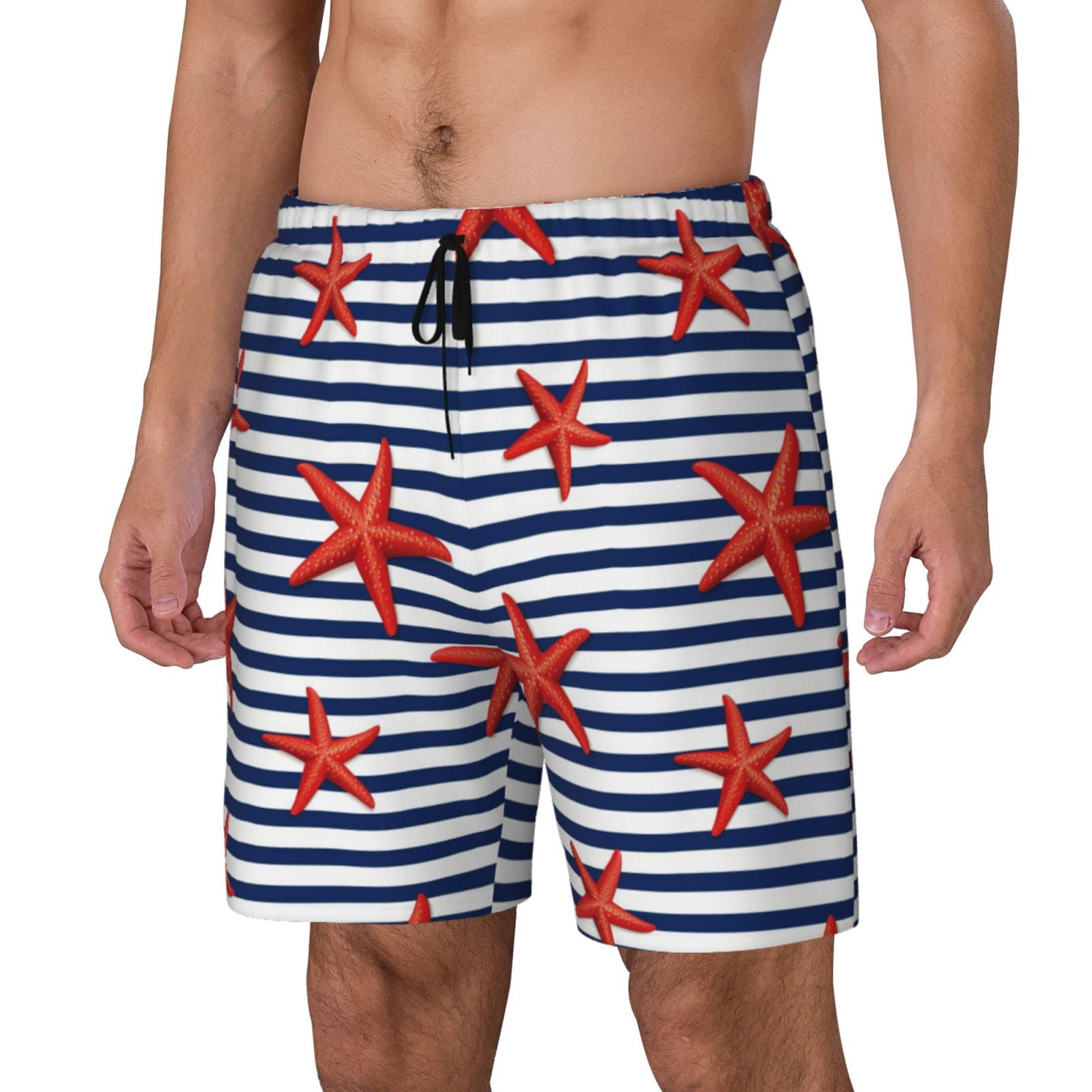 Cauagu Starfish Navy Blue Stripe Print Mens Swim Trunks Quick Dry Board ...