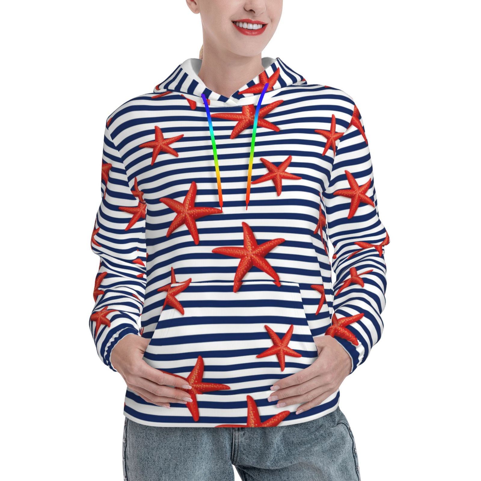 Cauagu Starfish Navy Blue Stripe for Women's Hooded Sweatshirts Pullover Hoodie for Women Fall ...