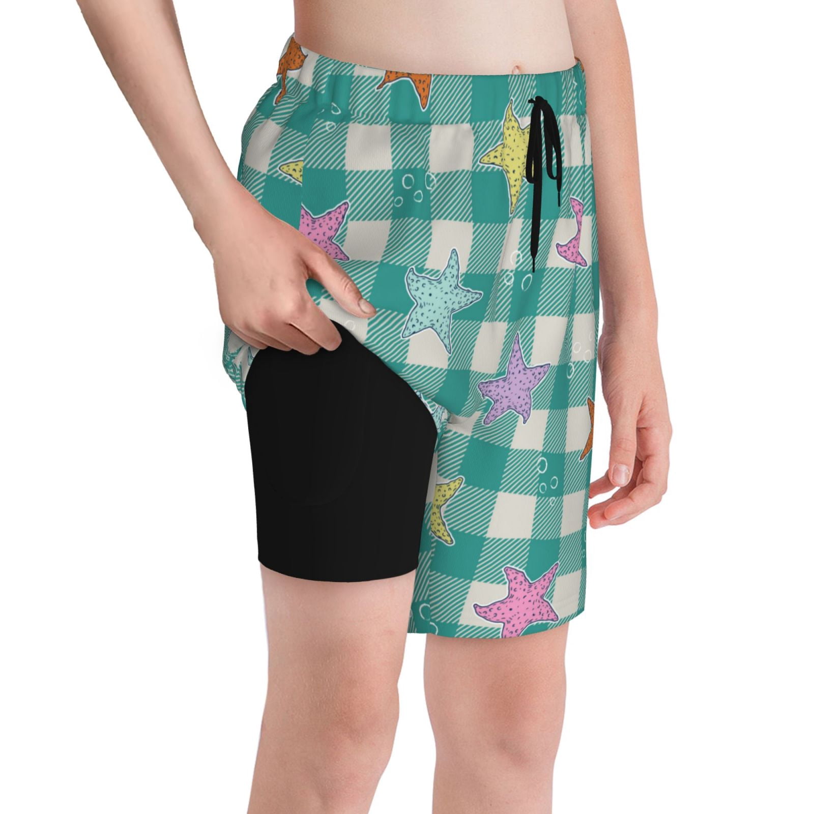 Cauagu Starfish On Checkered Background Print Swim Trunks for Men,Youth ...