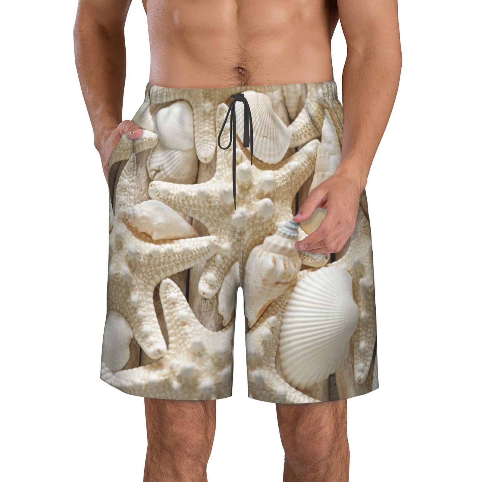Cauagu Starfish and Sea Shells Print Men's Swim Trunks,Hawaiian Bathing ...