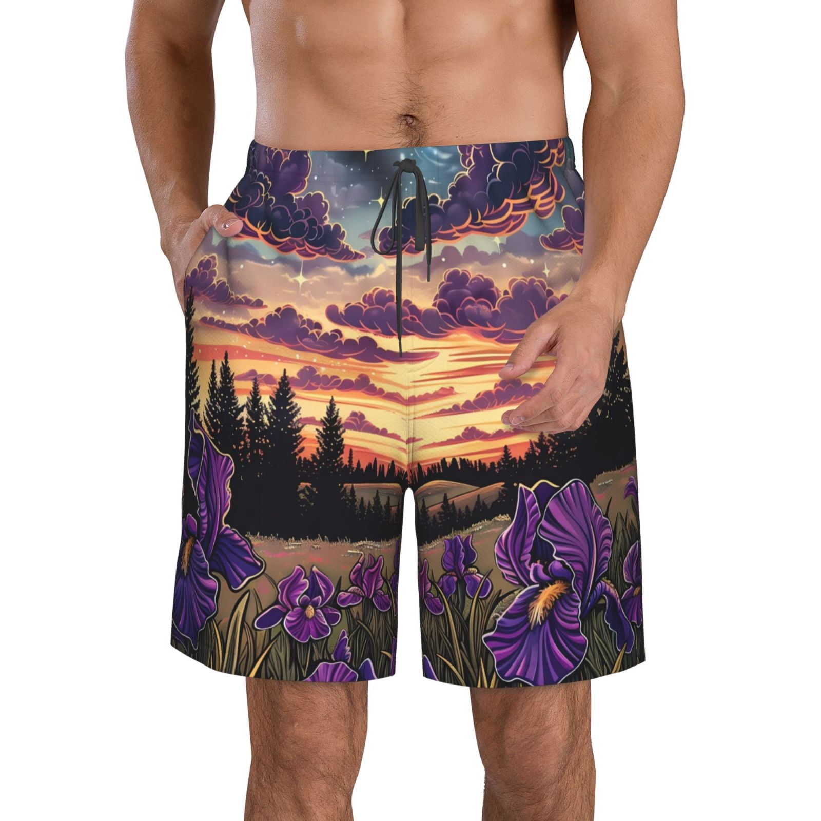 Cauagu Starry Night Purple Irises Print Men's Swim Trunks,Hawaiian ...