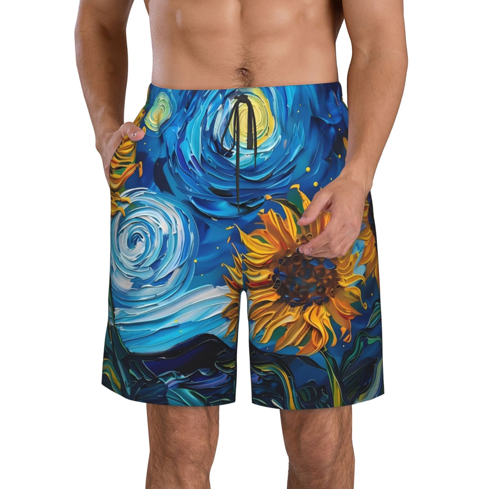 Cauagu Starry Night Sunflower Field Print Men's Swim Trunks,Hawaiian ...