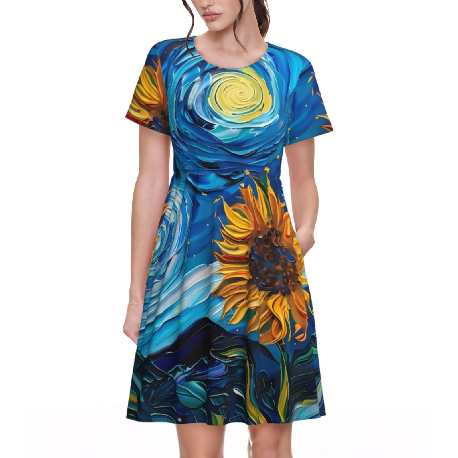 Cauagu Starry Night Sunflower Field Print Summer Dresses for Women 2025 ...