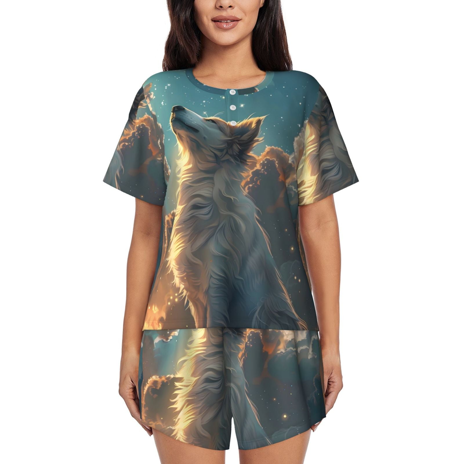Cauagu Starry Sky Cloud Wolf for Women's Round Neck Pajama Set,Short ...