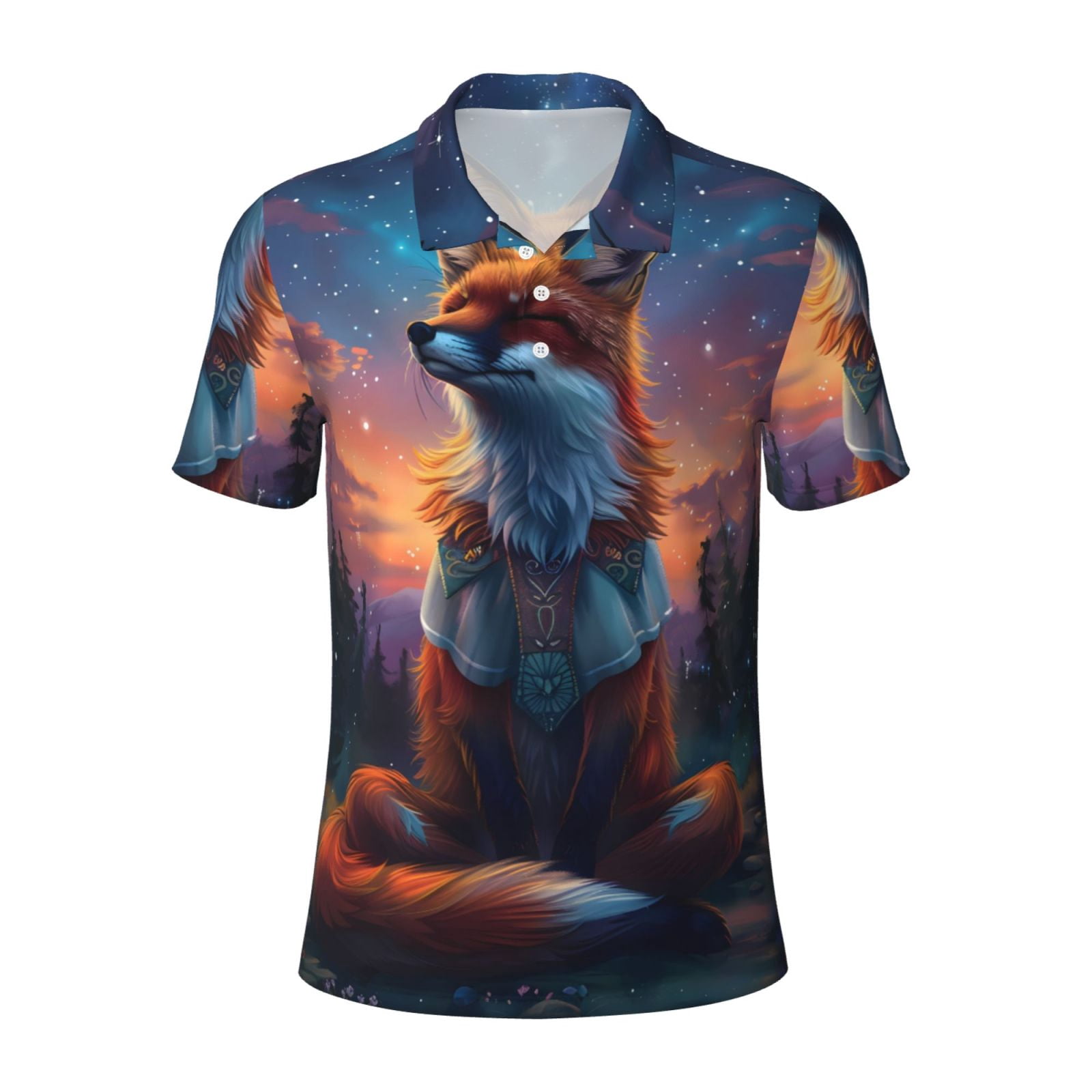 Cauagu Starry Sky Meditating Fox Print Men's Polo Shirts, Short-Sleeve ...