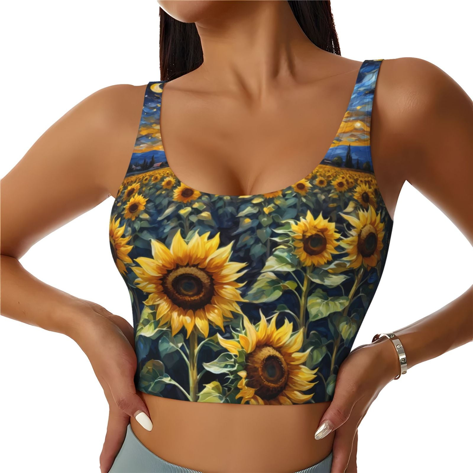 Cauagu Starry Sky Moon Sunflower Pattern Sports Bras for Women,Round Neck Sports Bra Workout ...