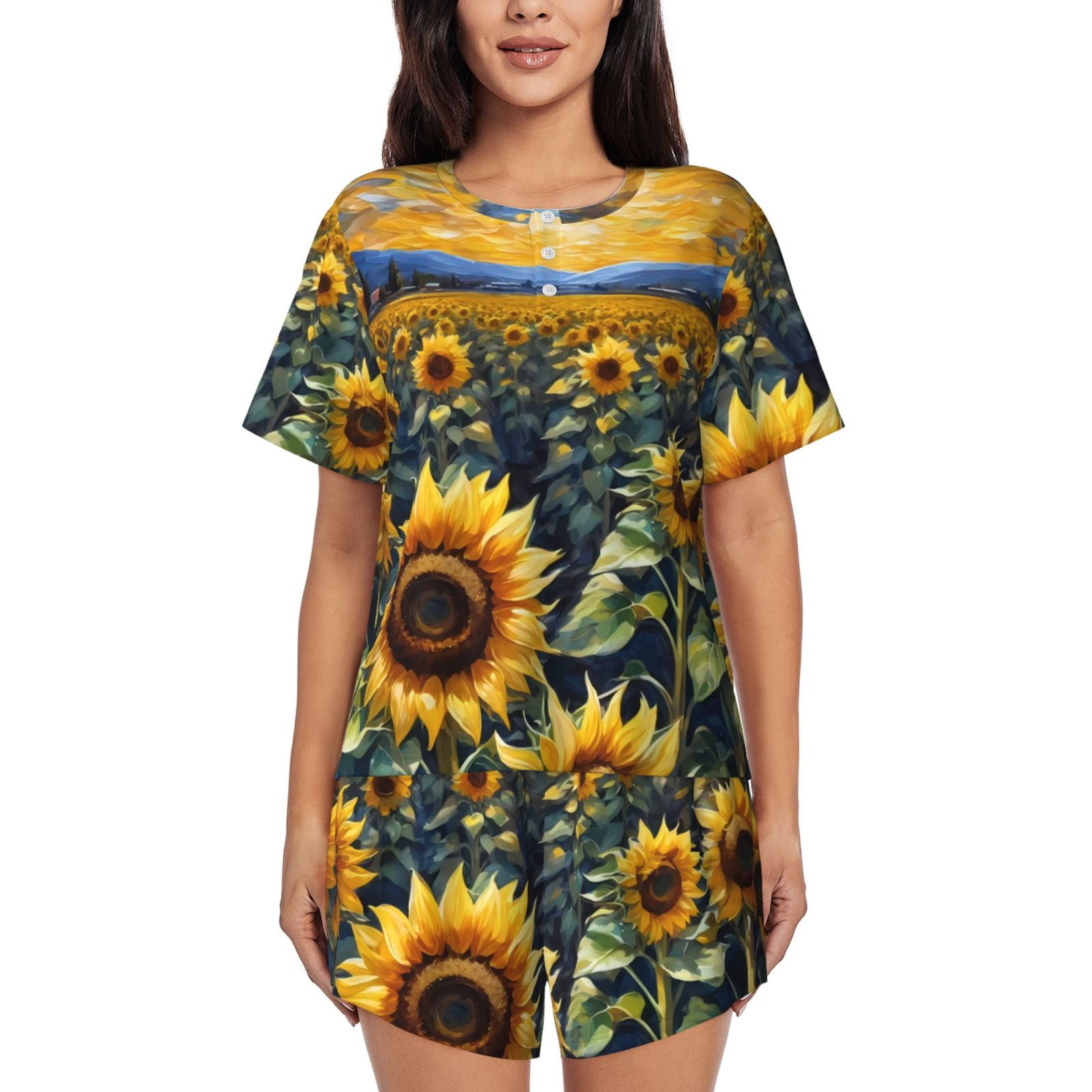 Cauagu Starry Sky Moon Sunflower for Women's Round Neck Pajama Set ...