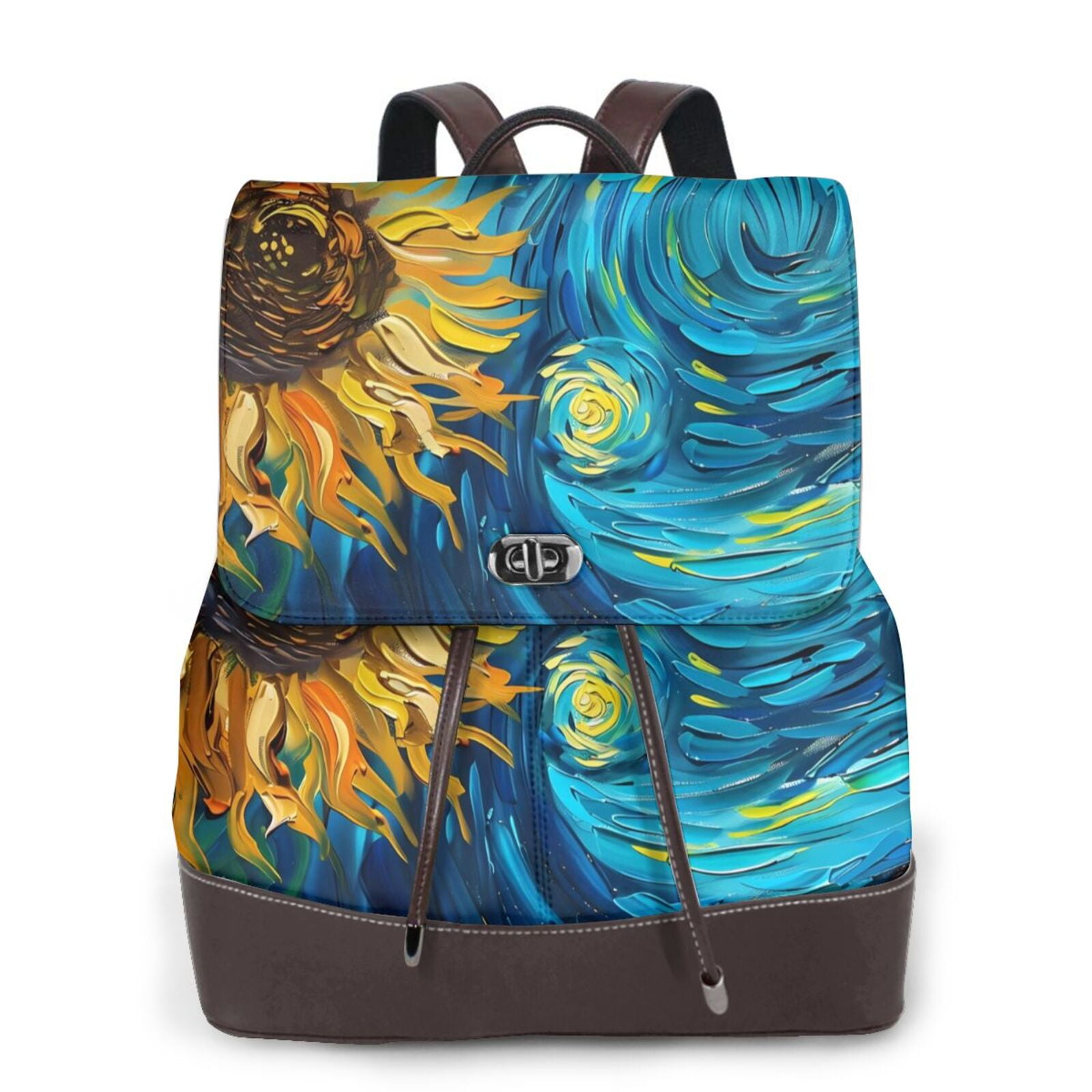 Cauagu Starry Sunflower Dreamscape Print Women's PU Leather Backpack ...