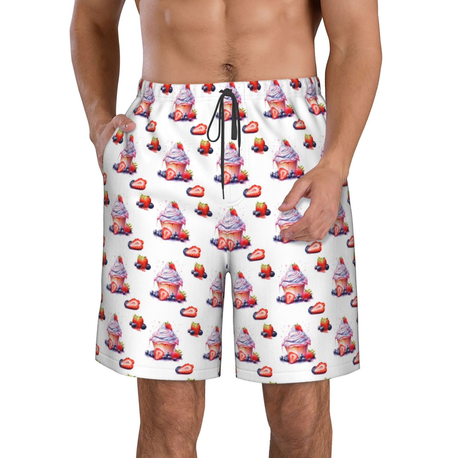 Cauagu Strawberry Blueberry Cream Cake Print Men's Swim Trunks,Hawaiian ...