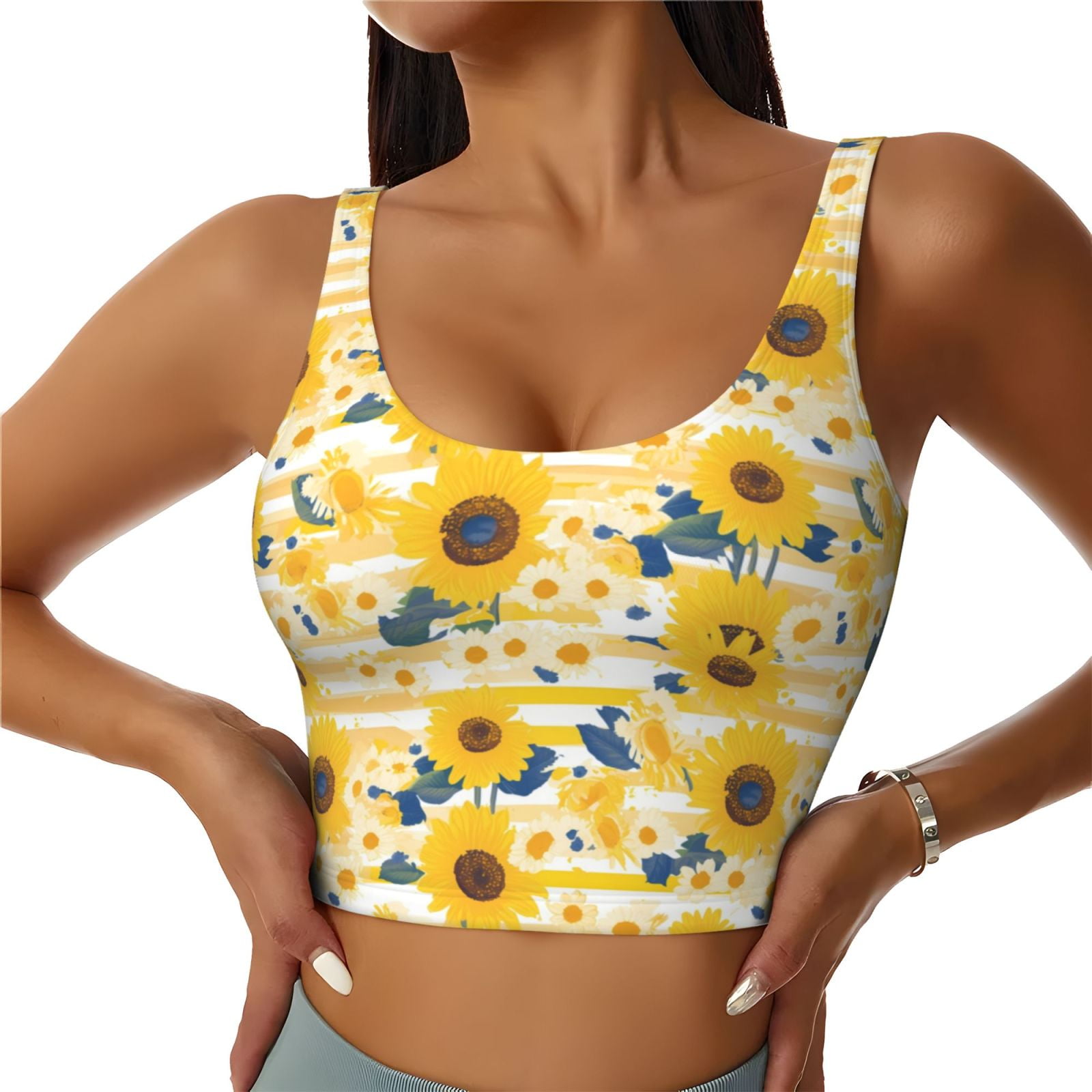 Cauagu Striped Sunflower Daisy Pattern Sports Bras for Women,Round Neck Sports Bra Workout Crop ...
