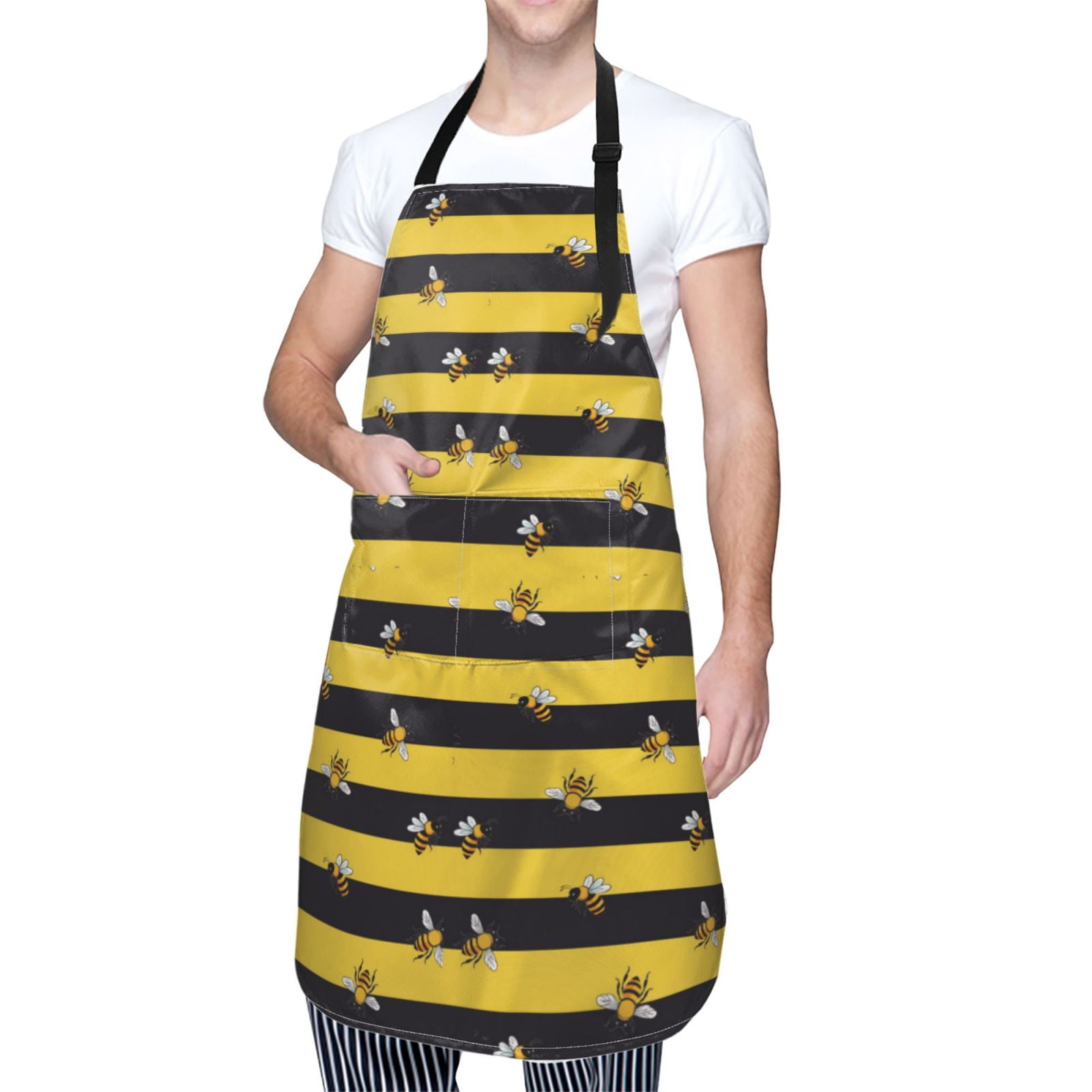 Cauagu Striped With Bees Aprons with Pockets,Waterproof Apron for Women ...