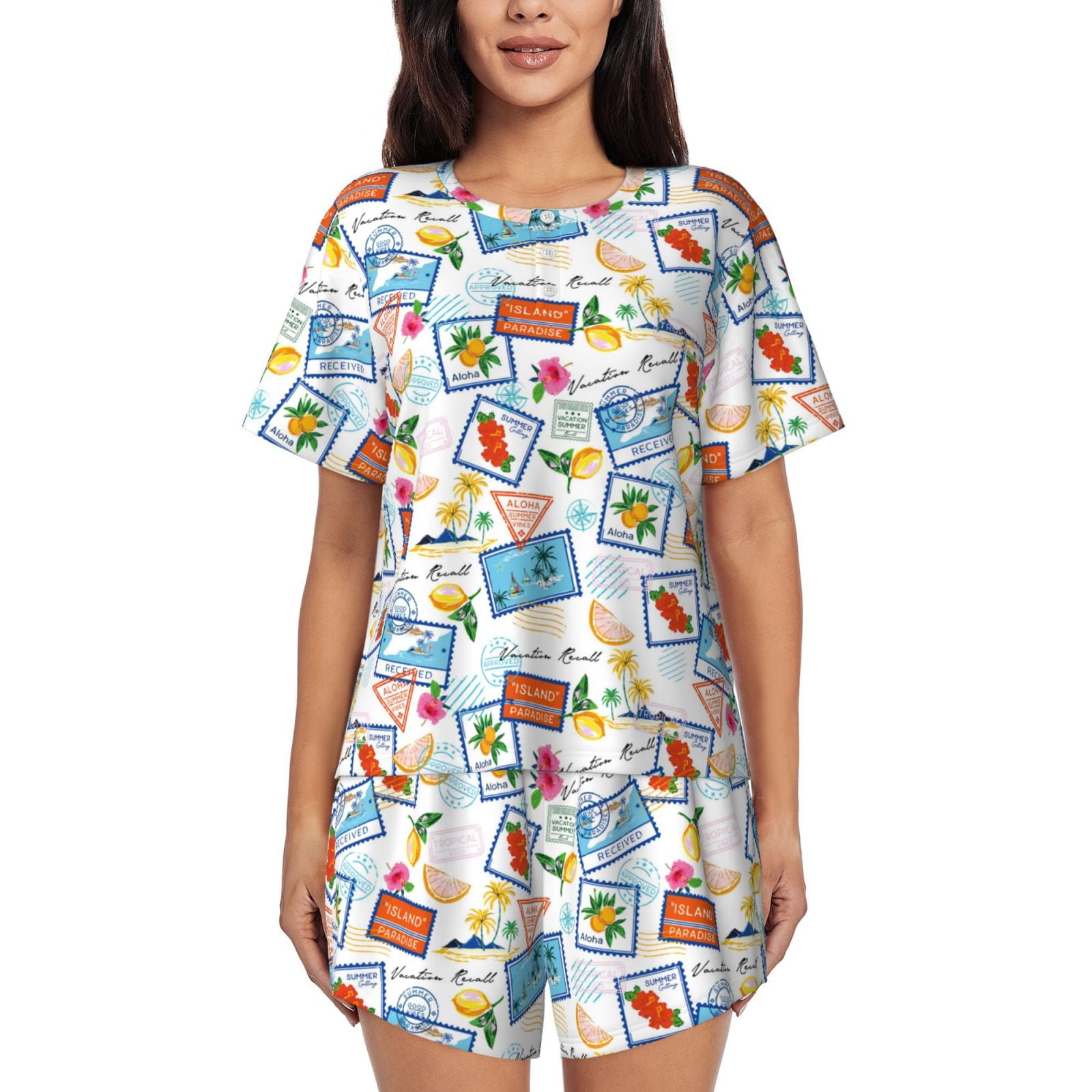 Cauagu Summer Stamp for Women's Round Neck Pajama Set,Short-Sleeved ...