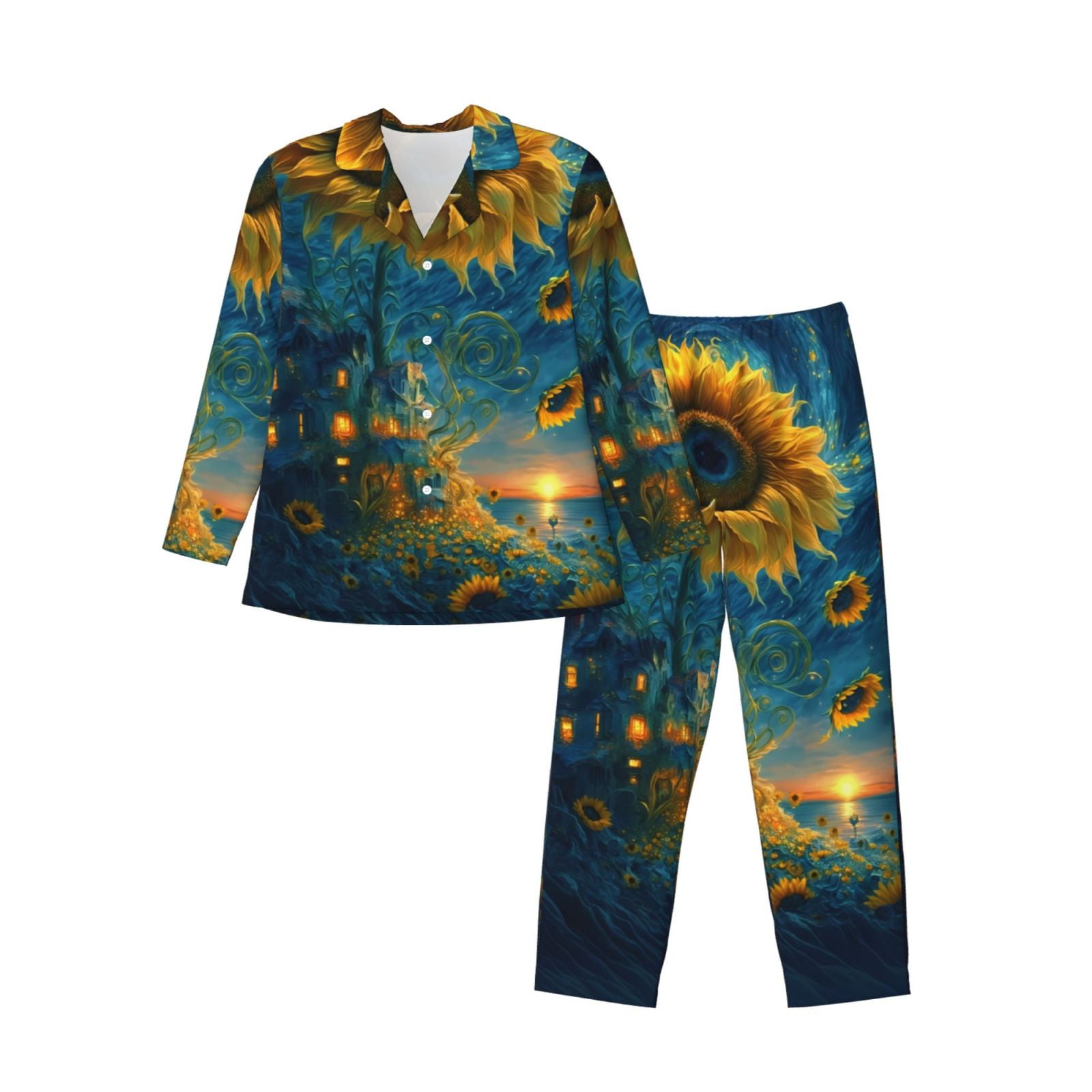 Cauagu Sunflower Castle Starry Sky Print Men's Long-Sleeve Pajama Set ...