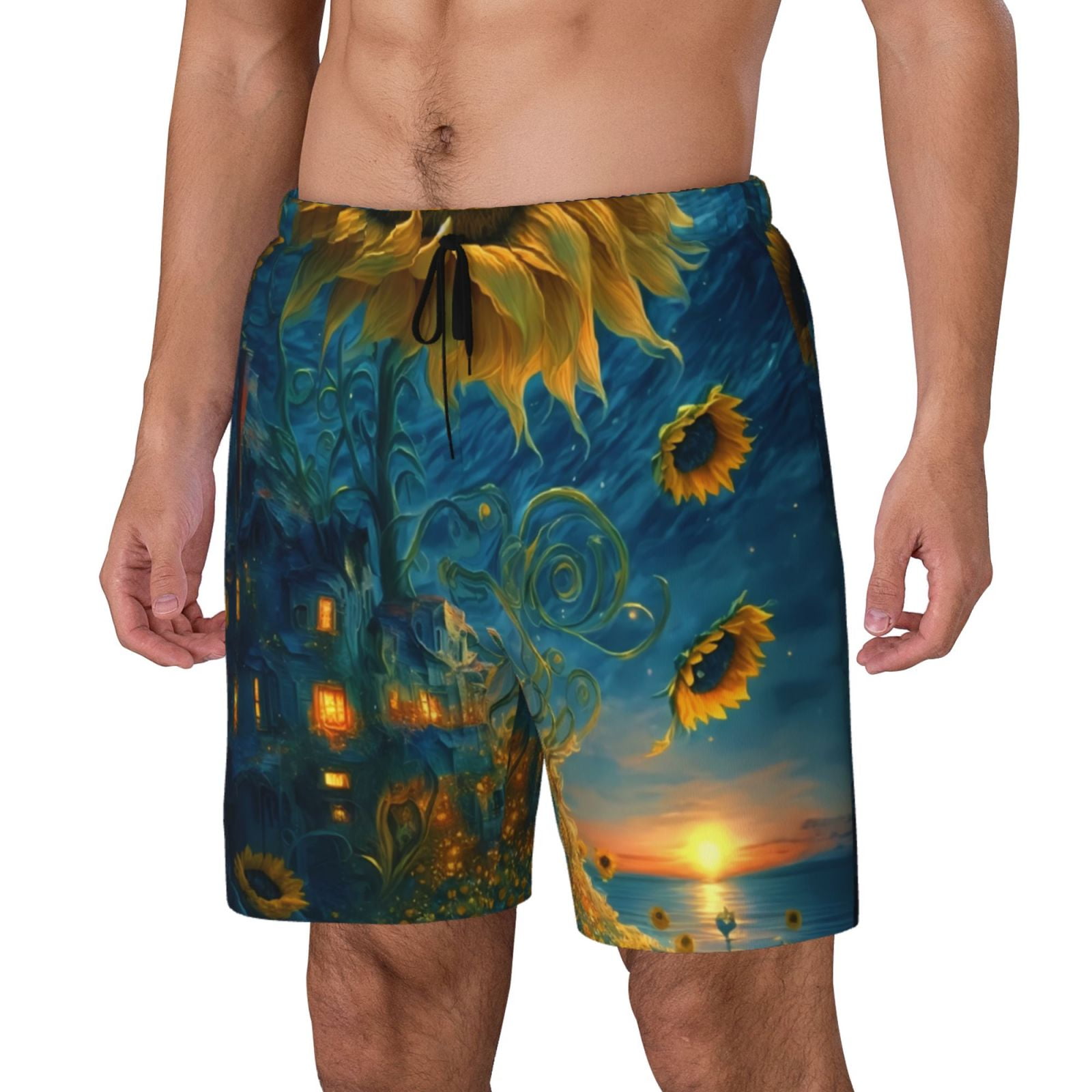 Cauagu Sunflower Castle Starry Sky Print Mens Swim Trunks Quick Dry ...
