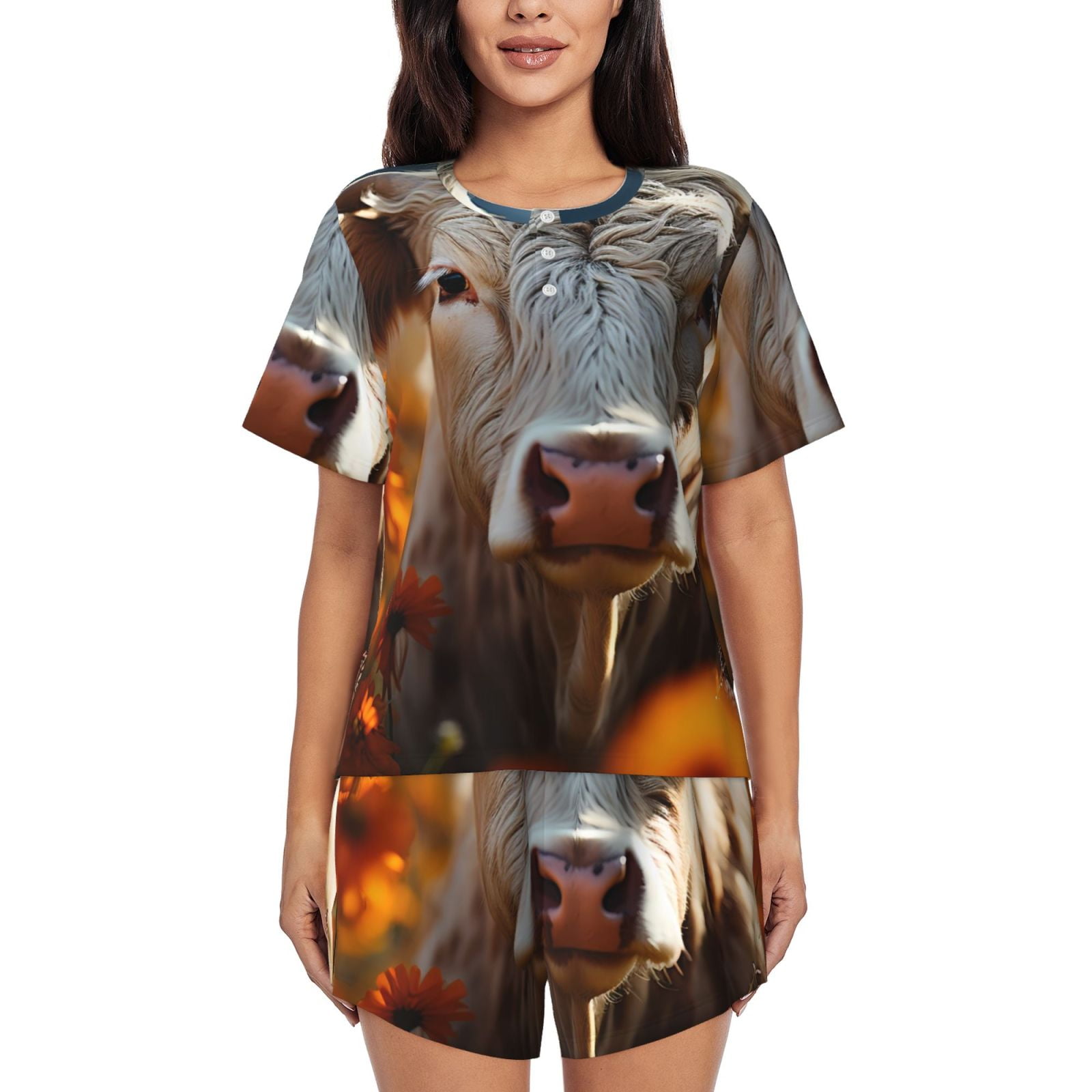 Cauagu Sunflower Cow In Flower Field for Women's Round Neck Pajama Set ...