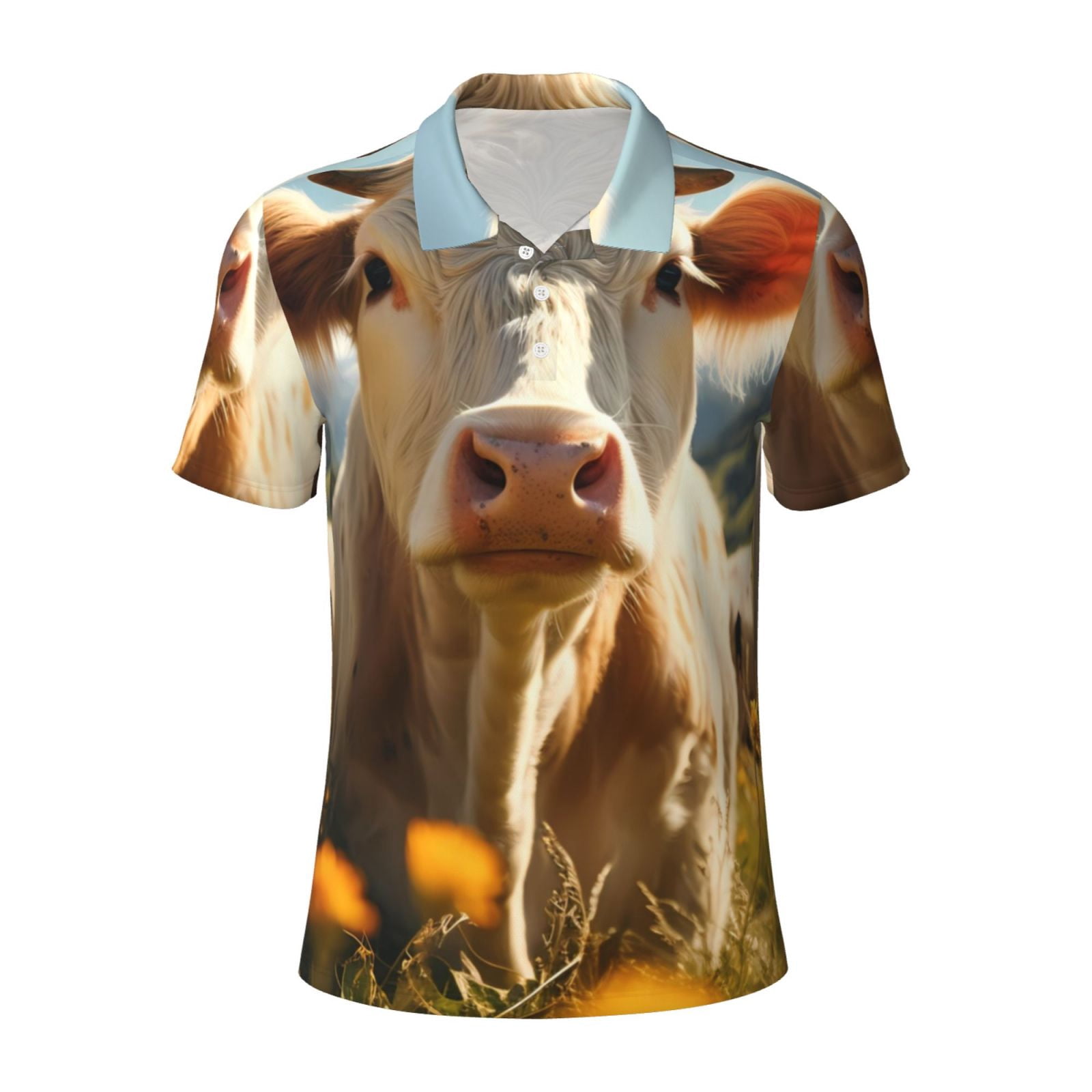 Cauagu Sunflower Cow Pasture Print Men's Polo Shirts, Short-Sleeve Polo ...