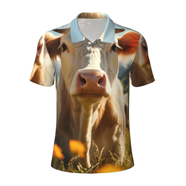 Cauagu Sunflower Cow Pasture Print Men's Polo Shirts, Short-Sleeve Polo ...