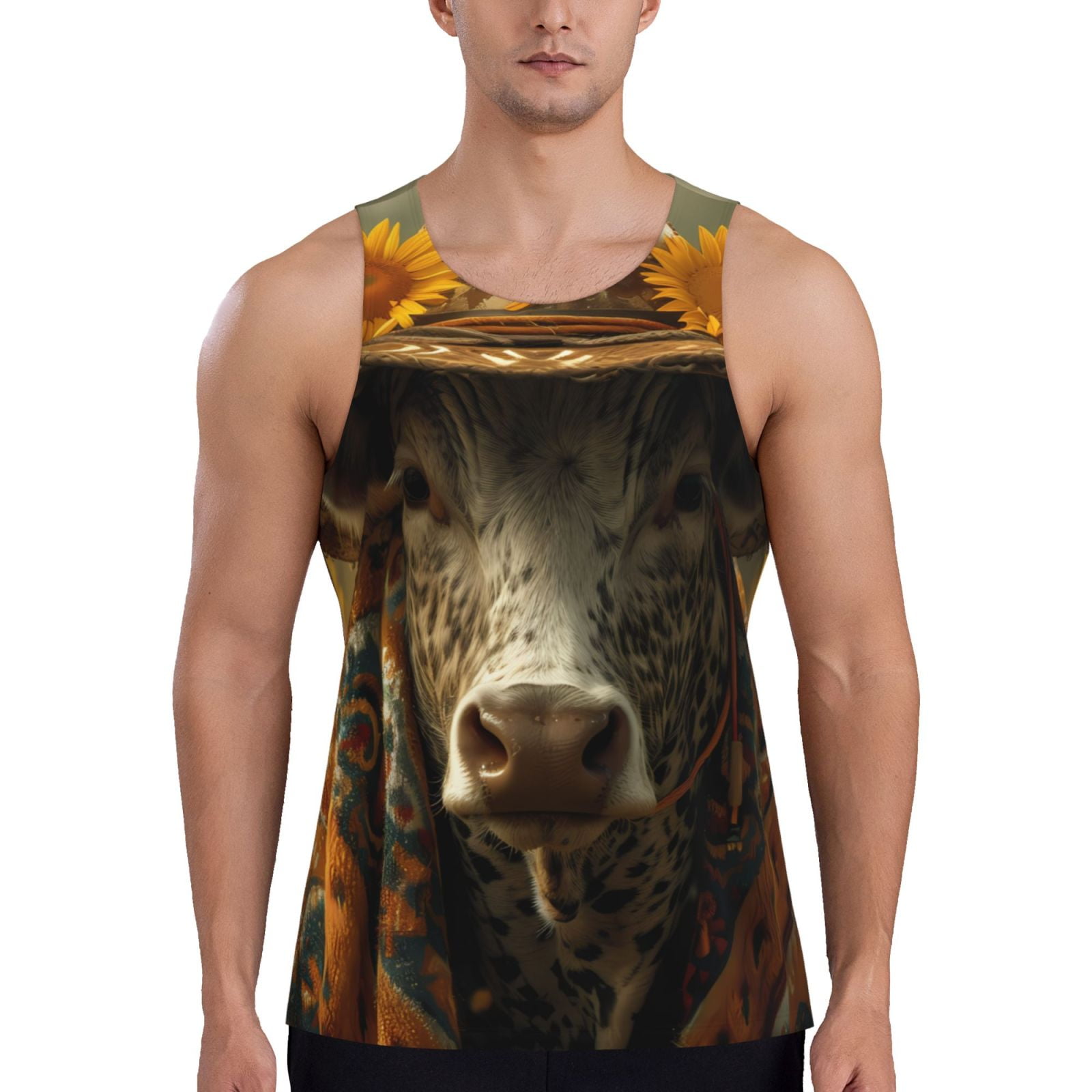 Cauagu Sunflower Cowboy Hat Cow Print Men's Sleeveless Muscle Shirts ...