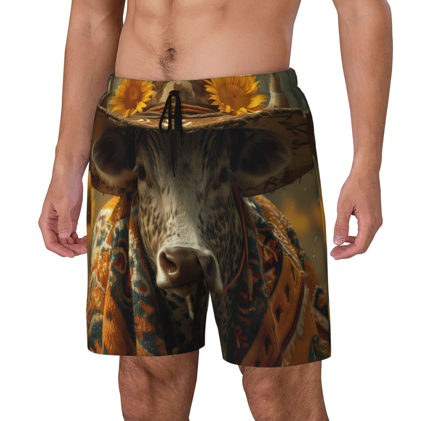 Cauagu Sunflower Cowboy Hat Cow Print Mens Swim Trunks Quick Dry Board ...