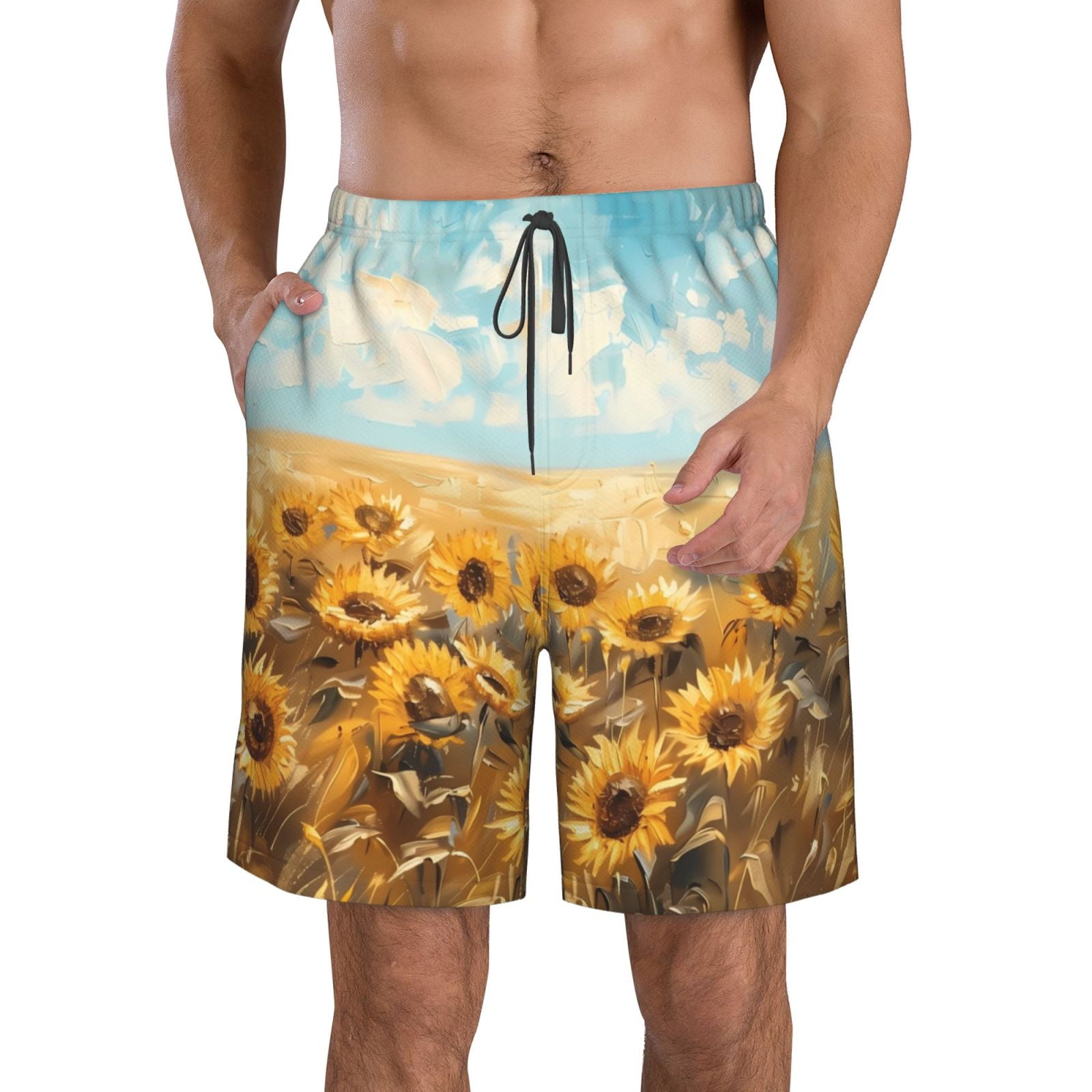 Cauagu Sunflower Field Bliss Print Men's Swim Trunks,Hawaiian Bathing ...