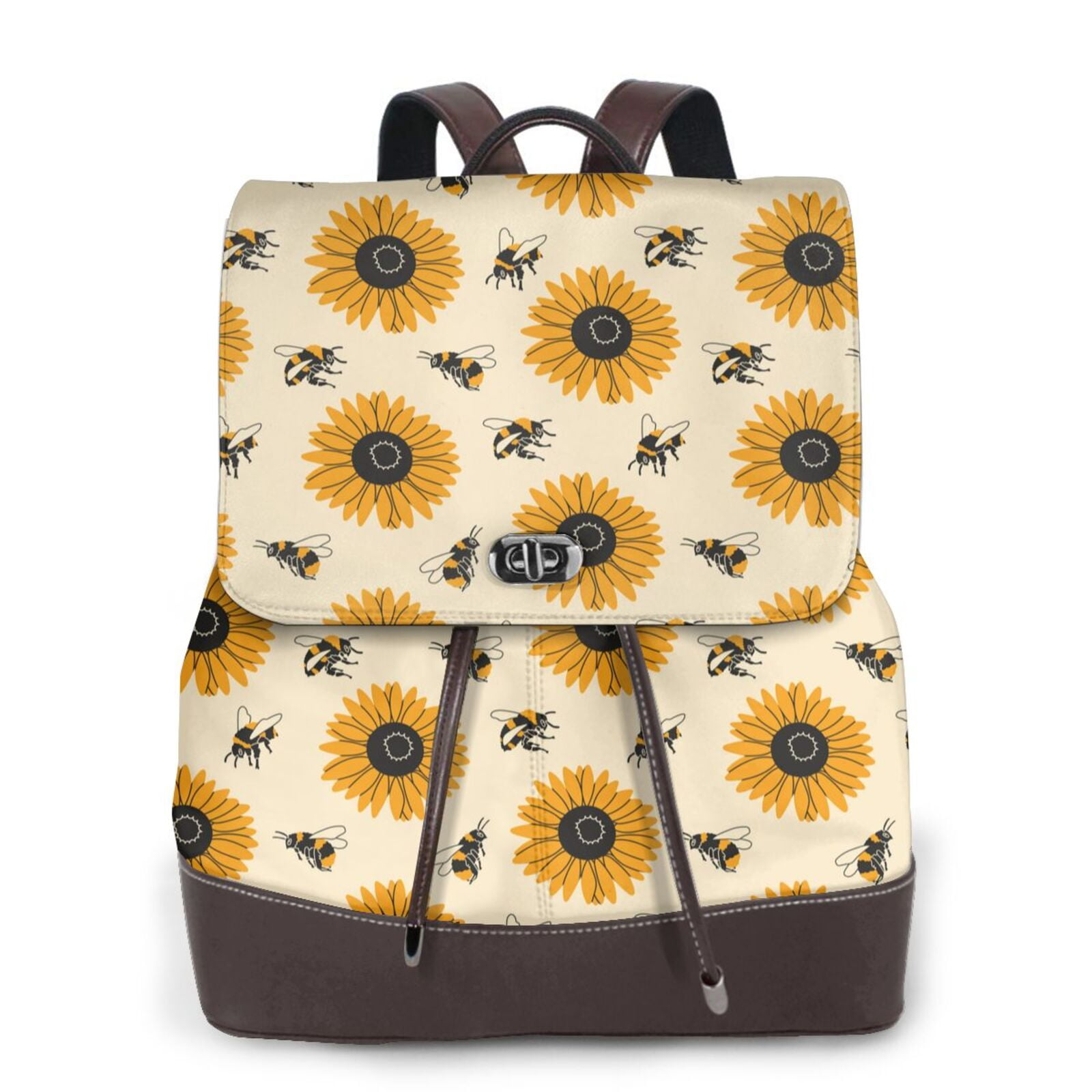 Cauagu Sunflowers And Bee Print Women's PU Leather Backpack,Fashion ...