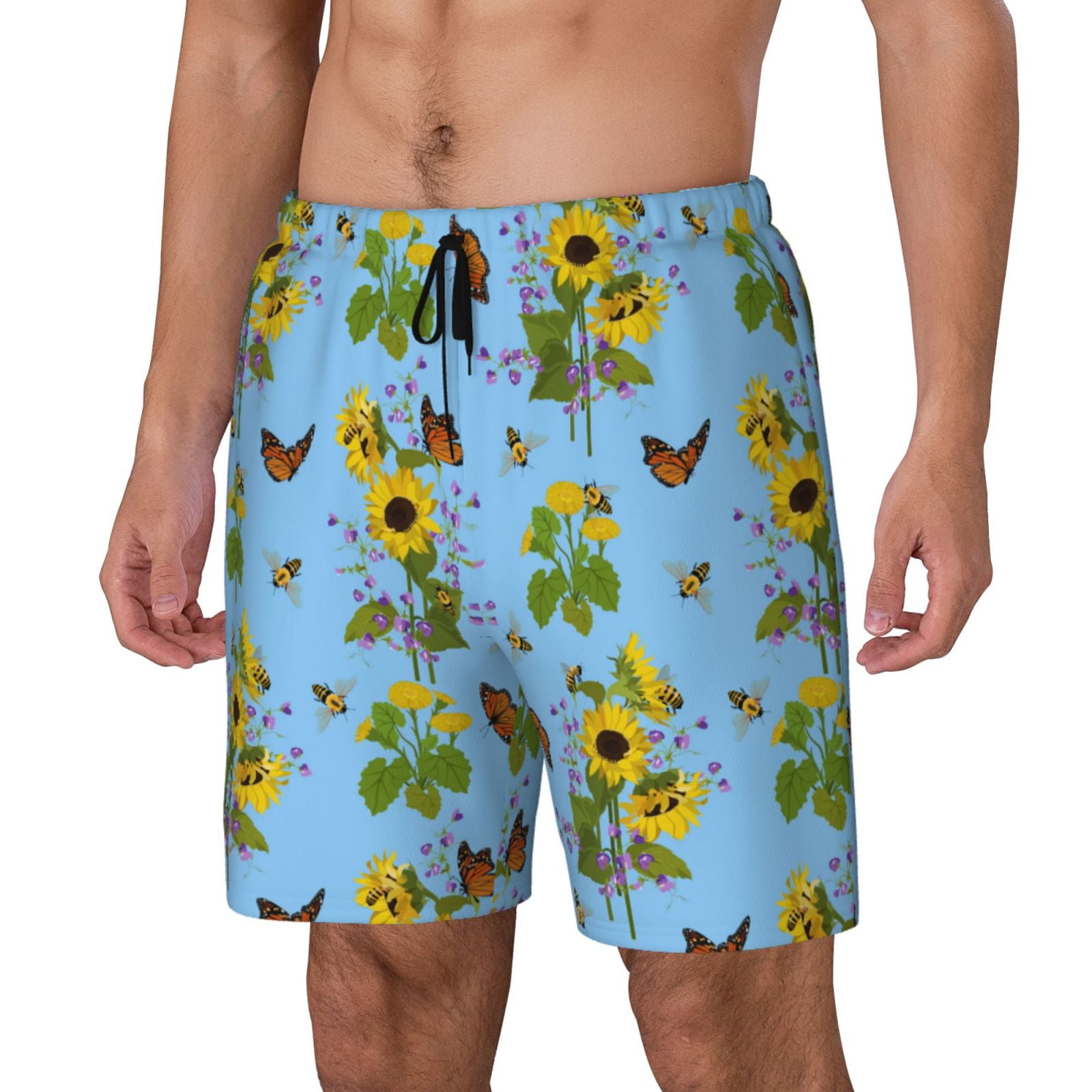 Cauagu Sunflowers And Bees Print Mens Swim Trunks Quick Dry Board ...