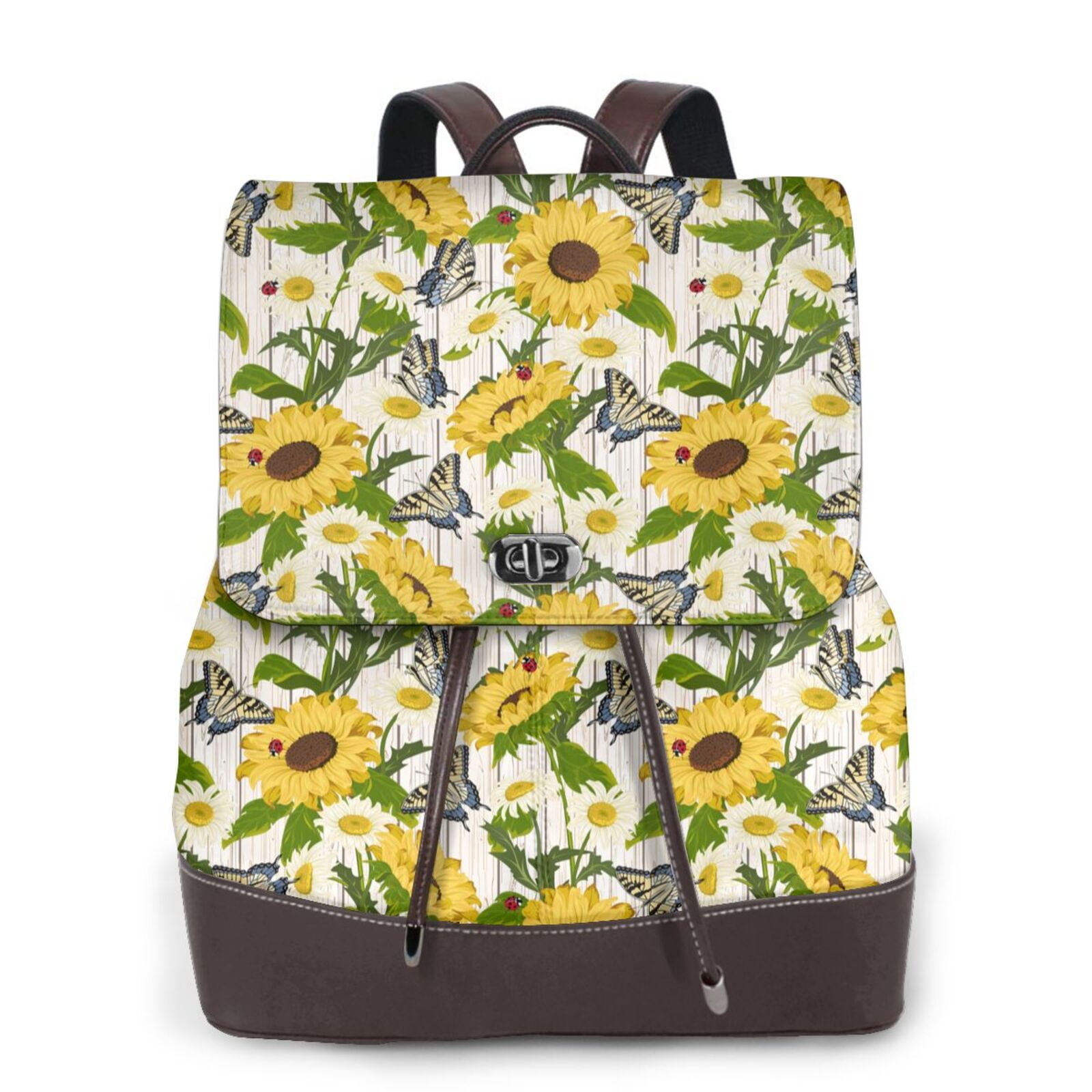 Cauagu Sunflowers And Butterflies Print Women's PU Leather Backpack ...