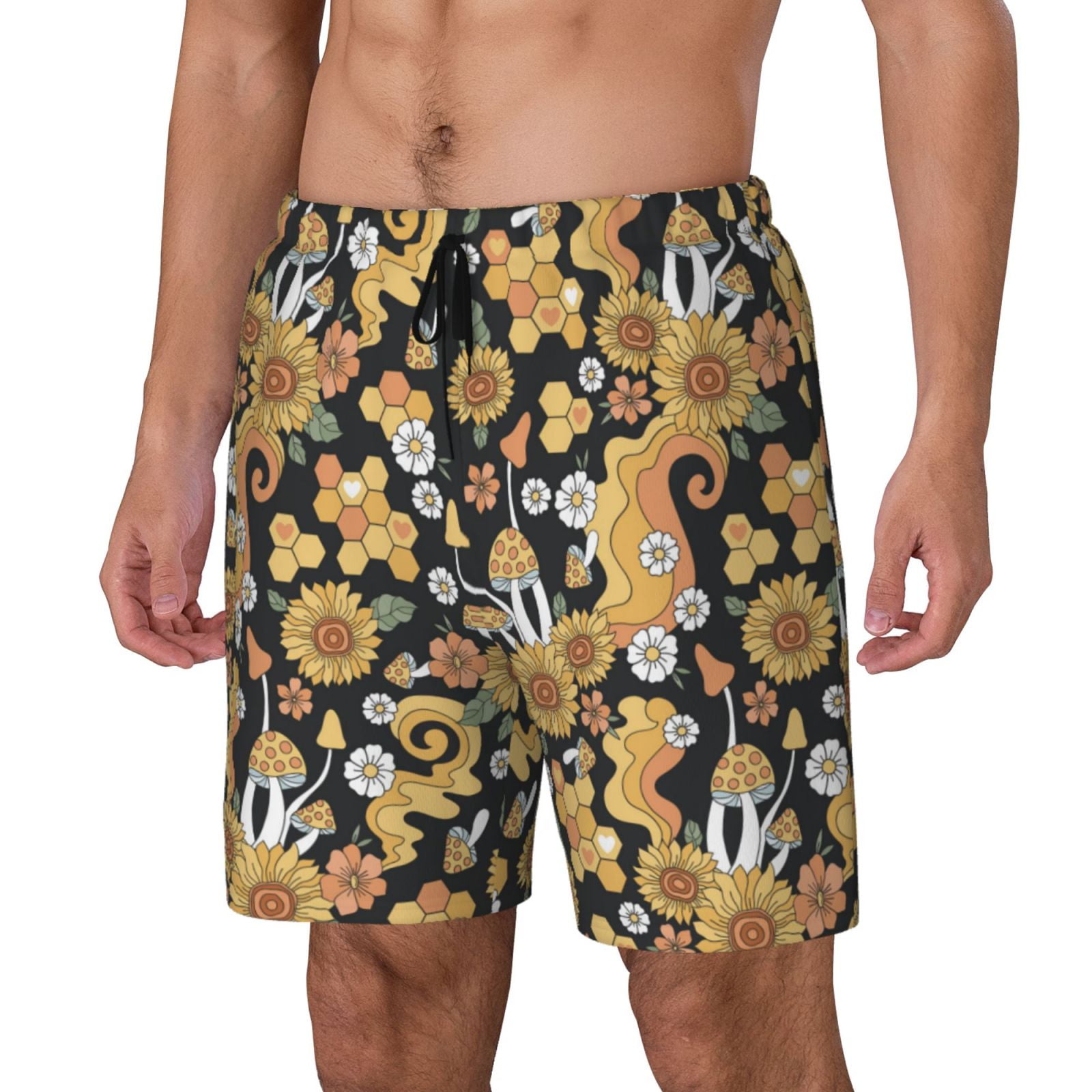Cauagu Sunflowers Bee Print Mens Swim Trunks Quick Dry Board Shorts ...