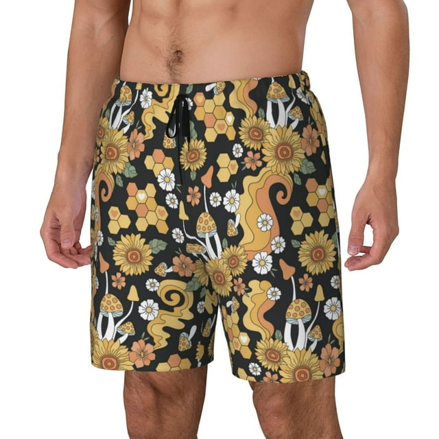 Cauagu Sunflowers Bee Print Mens Swim Trunks Quick Dry Board Shorts ...