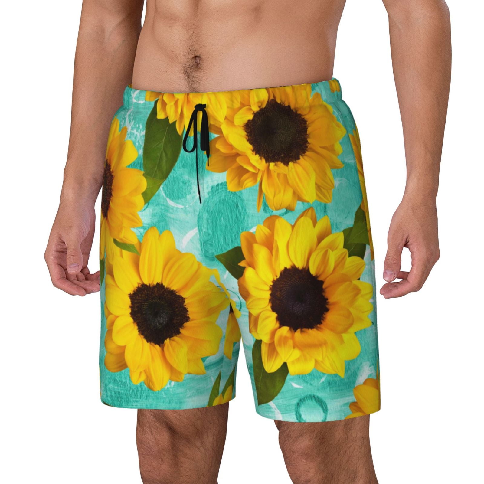 Cauagu Sunflowers With Green Leaves Print Mens Swim Trunks Quick Dry ...