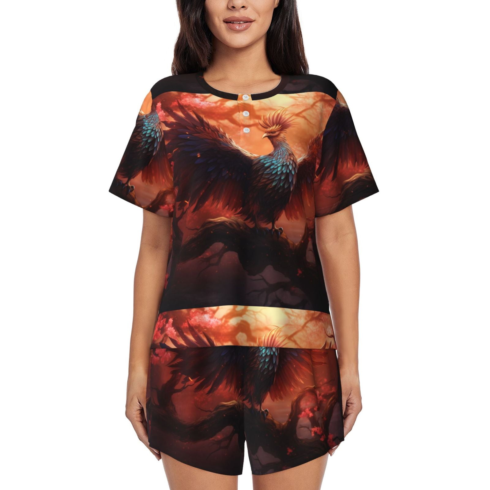Cauagu Sunset Blossoms Phoenix Perch for Women's Round Neck Pajama Set ...
