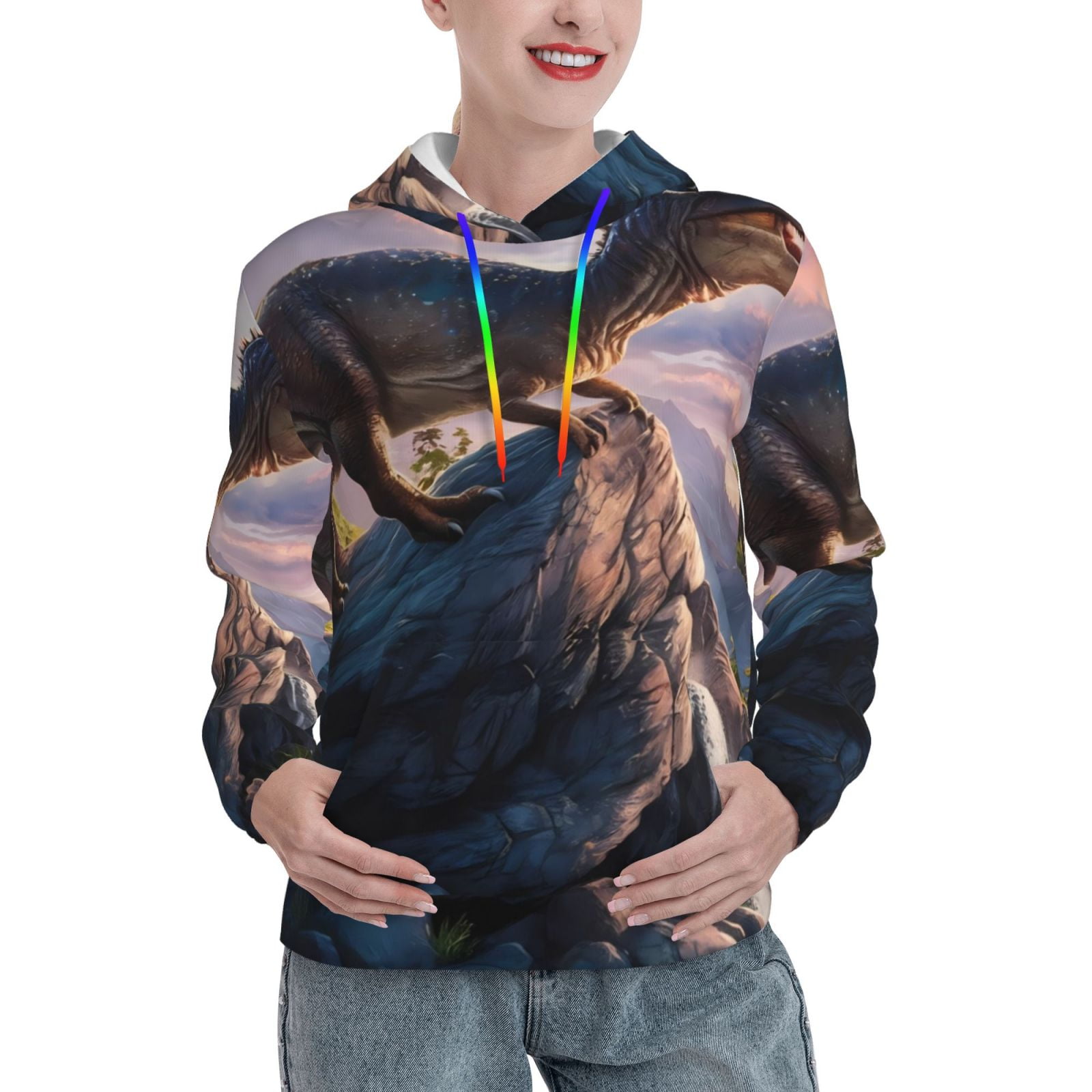 Cauagu Sunset Cliff Dinosaur for Women's Hooded Sweatshirts Pullover Hoodie for Women Fall ...