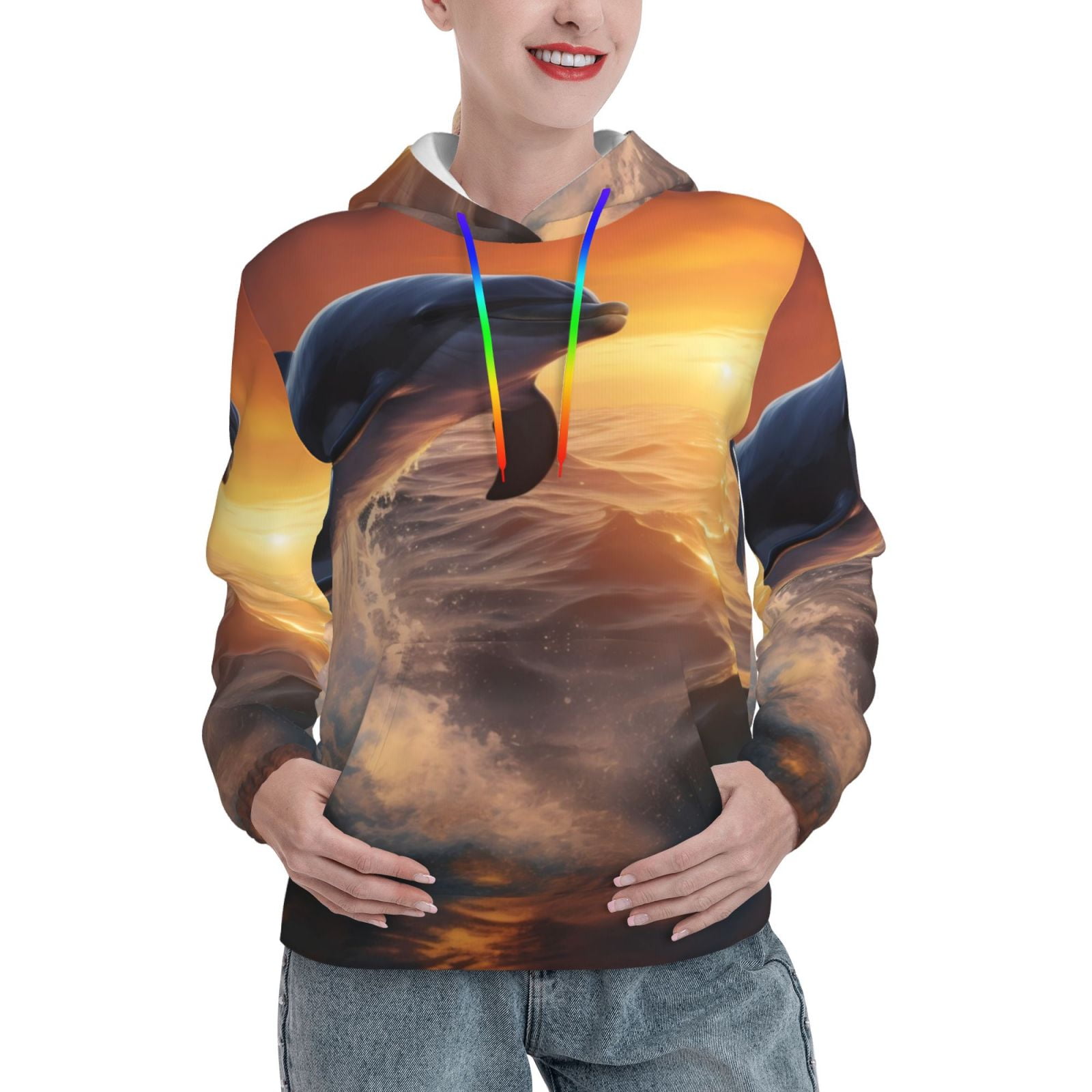 Cauagu Sunset Dancing Dolphin for Women's Hooded Sweatshirts Pullover Hoodie for Women Fall ...