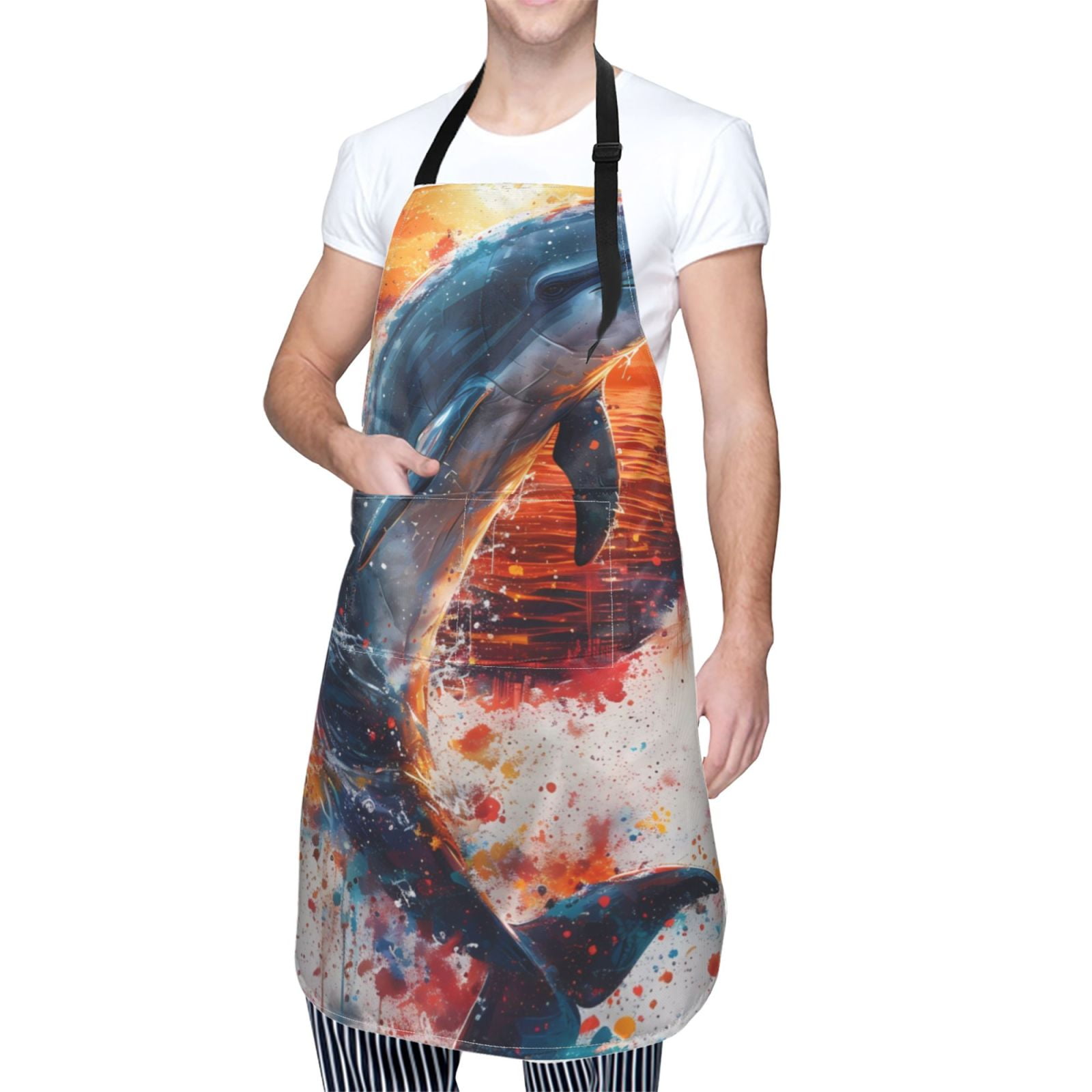 Cauagu Sunset Ocean Watercolor Dolphin Aprons with Pockets,Waterproof ...