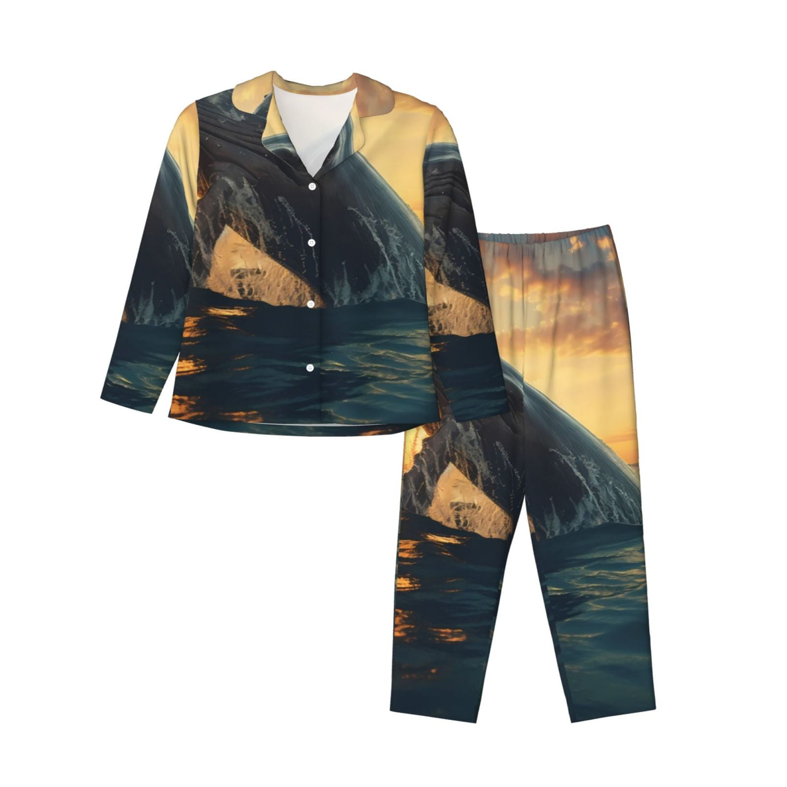 Cauagu Sunset Ocean Whale Print Women's Long-Sleeve Pajamas Set Soft Pj ...