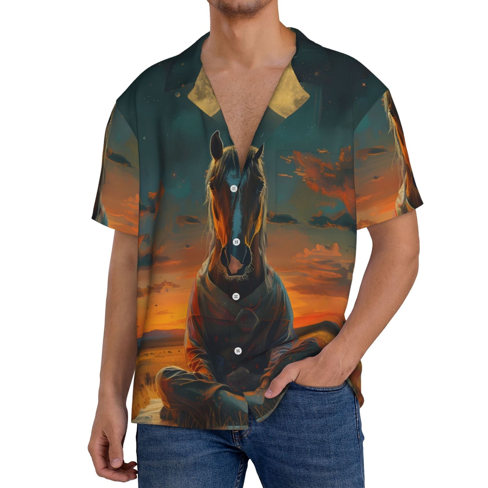 Cauagu Sunset Prairie Meditating Horse Men's Short Sleeve Button Down ...