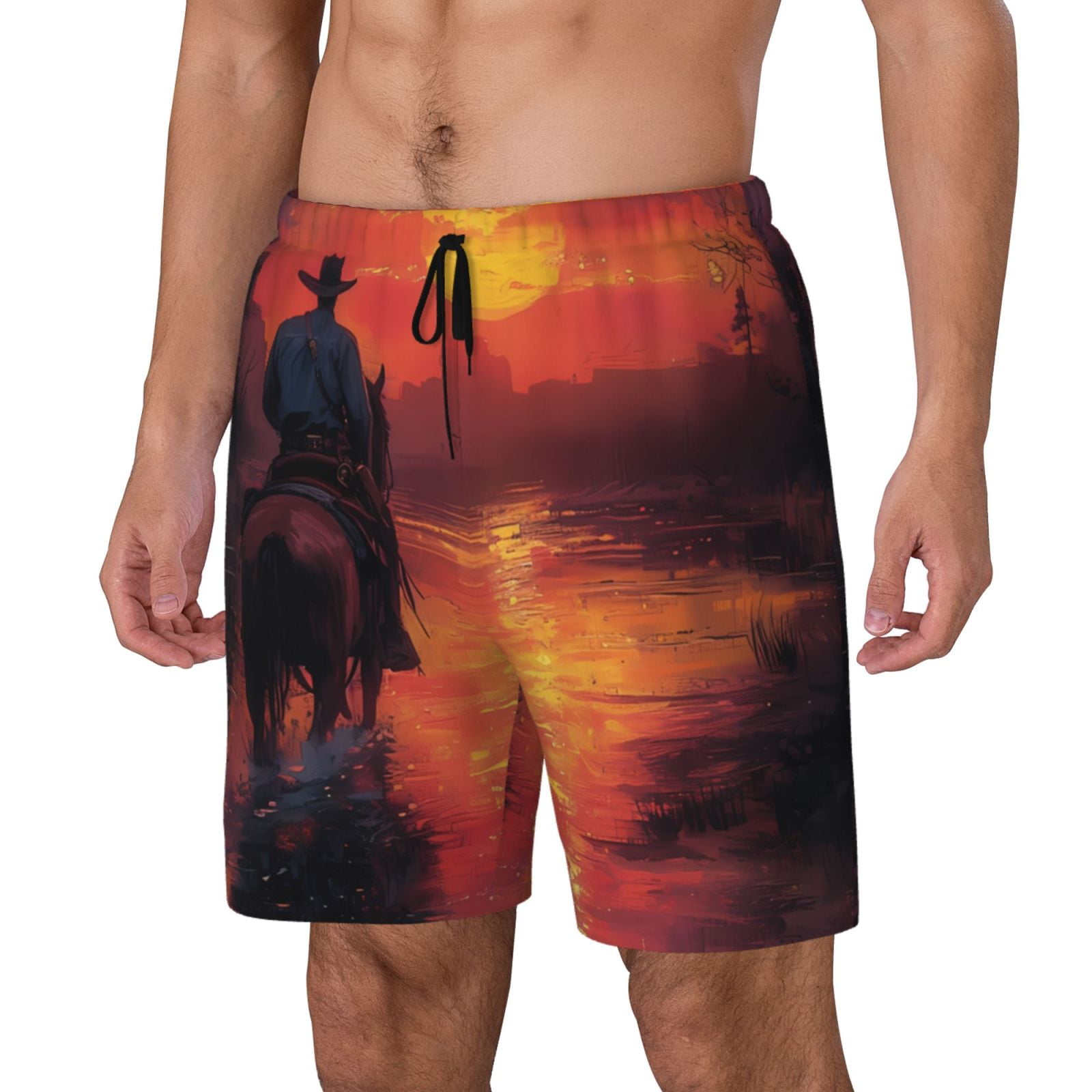 Cauagu Sunset River Western Cowboy Print Mens Swim Trunks Quick Dry ...