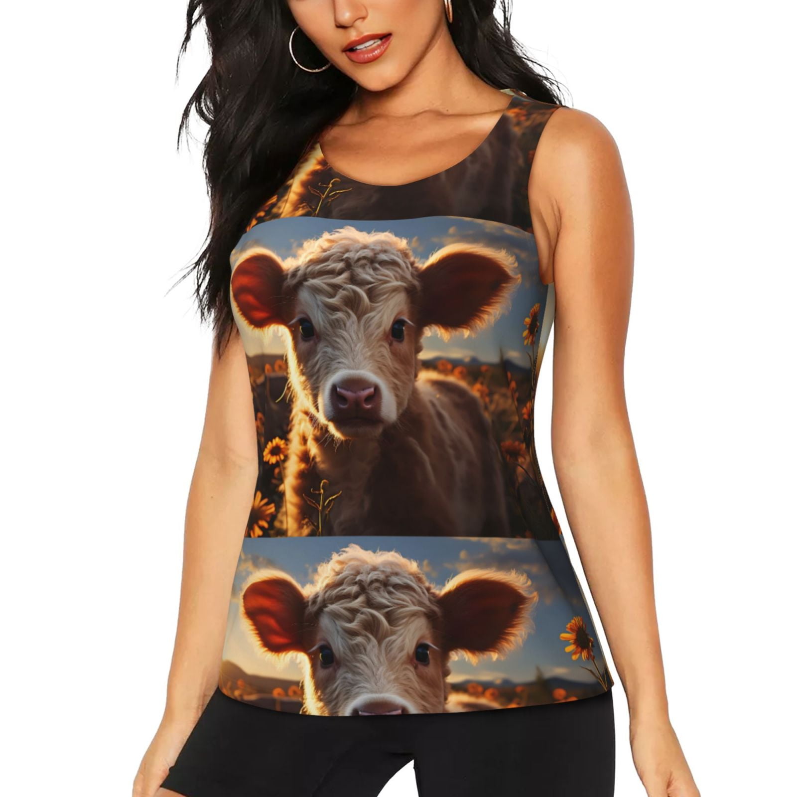 Cauagu Sunset Sunflower Small Cow for Women's Workout Tank Tops ...