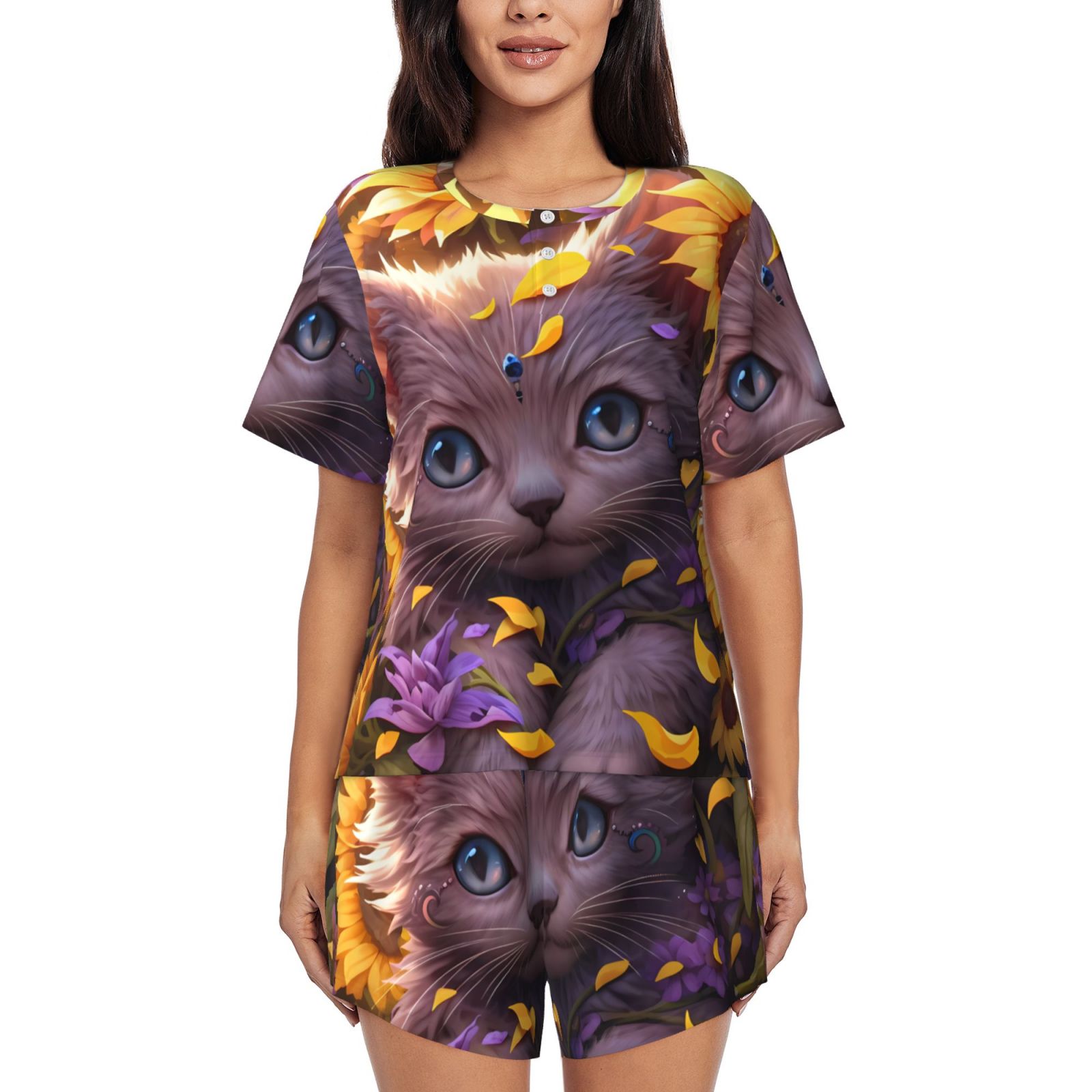 Cauagu Sunshine Cute Cat Sunflower for Women's Round Neck Pajama Set ...
