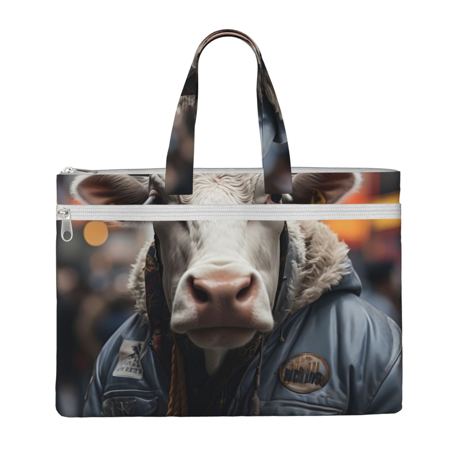 Cauagu Surrealist Cow Pattern Canvas Tote File Bag, Zipper Tote Bag ...