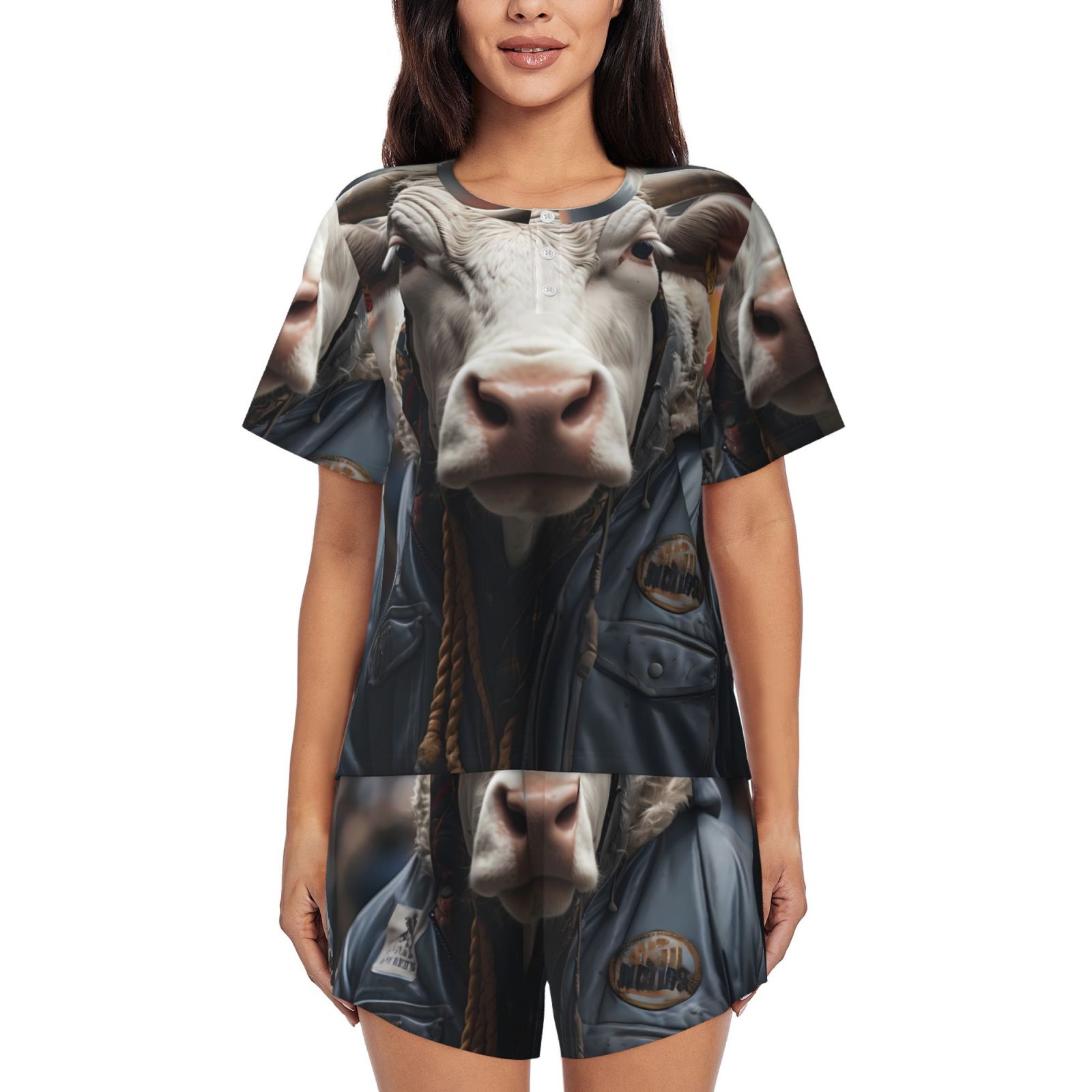 Cauagu Surrealist Cow for Women's Round Neck Pajama Set,Short-Sleeved ...