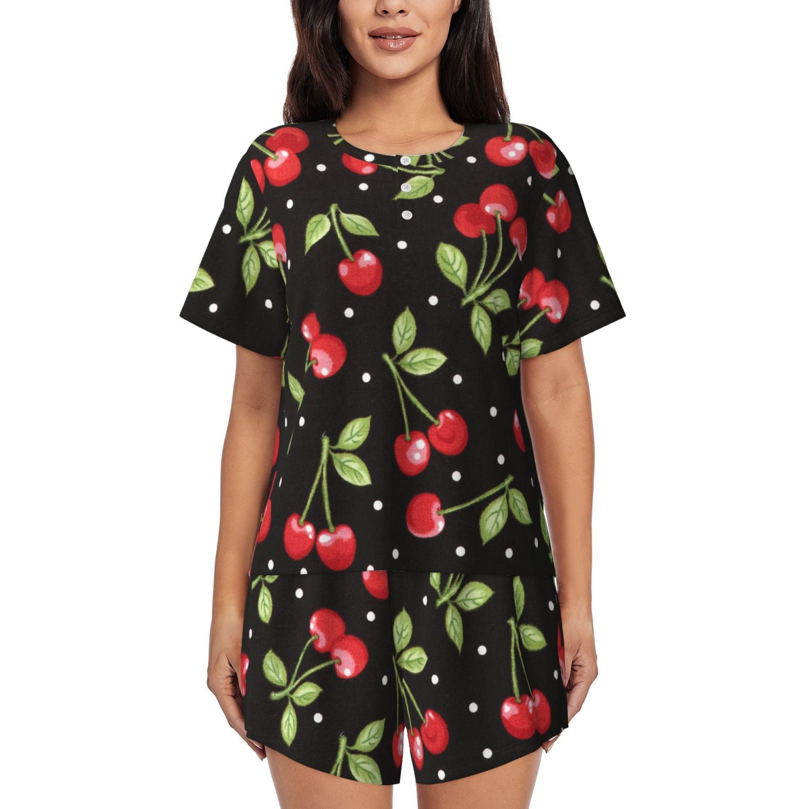 Cauagu Sweet Red Cherry for Women's Round Neck Pajama Set,Short-Sleeved ...